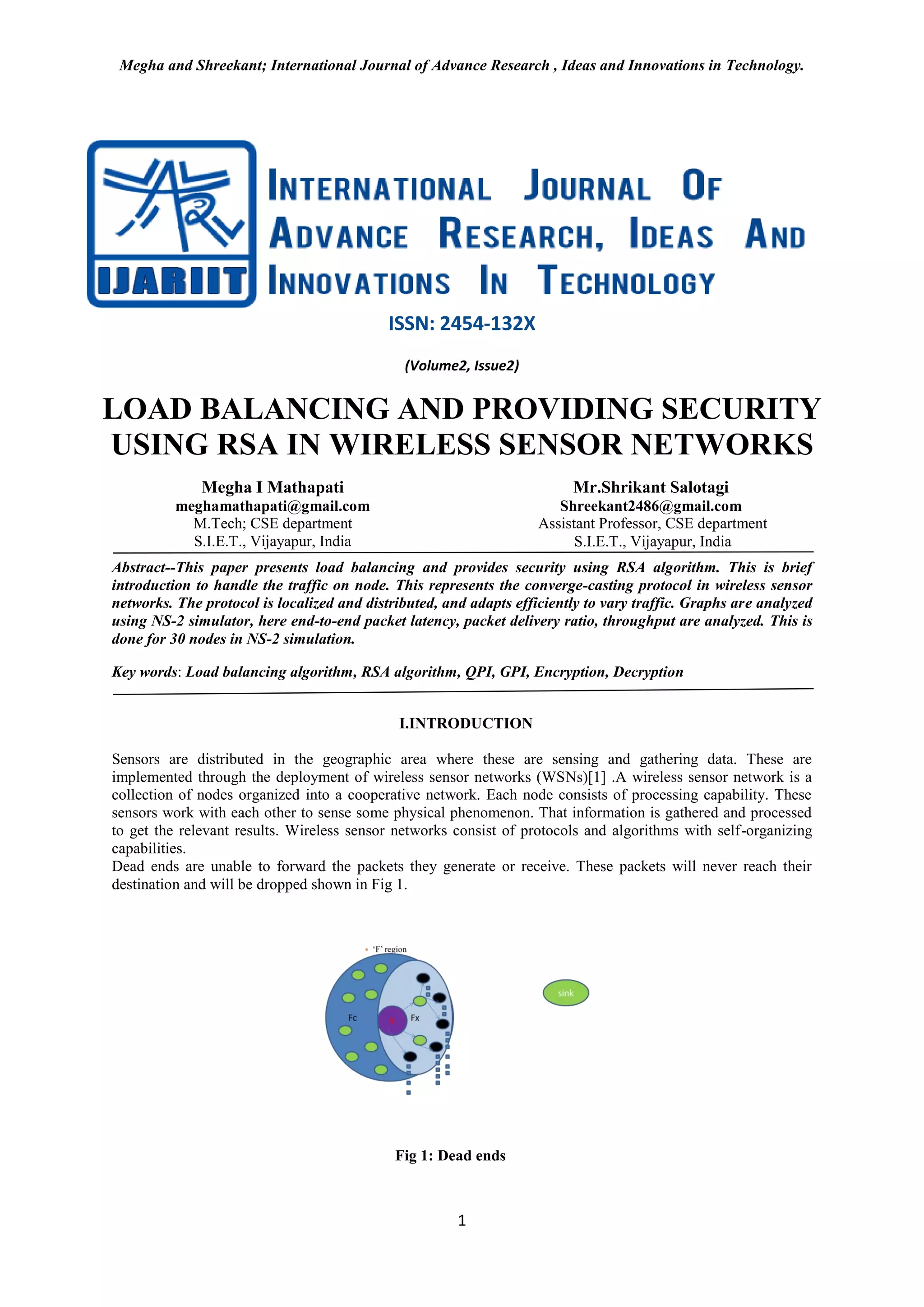 LOAD BALANCING AND PROVIDING SECURITY USING RSA IN WIRELESS SENSOR NETWORKS | PDF