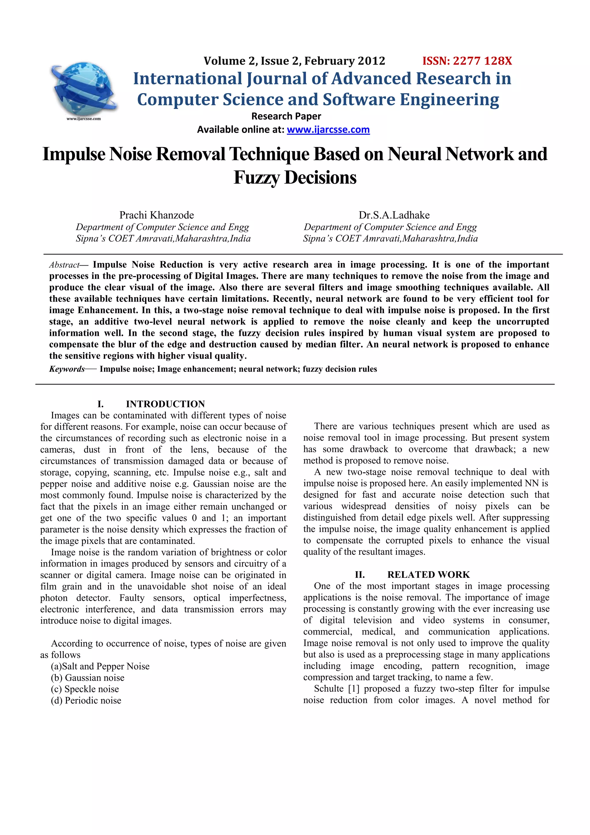 noise remove in image processing by fuzzy logic | PDF
