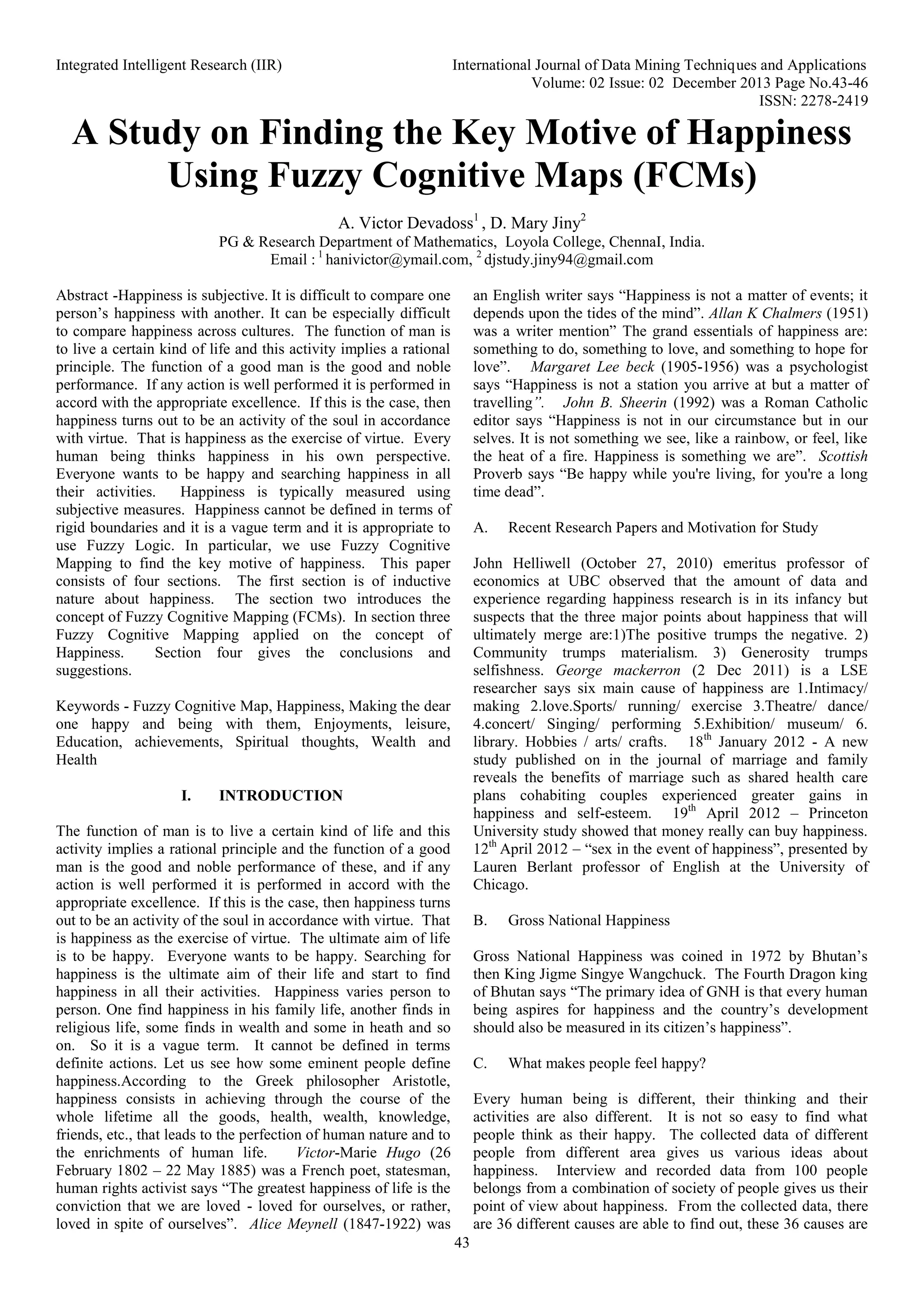A Study on Finding the Key Motive of Happiness Using Fuzzy Cognitive Maps (FCMs) | PDF