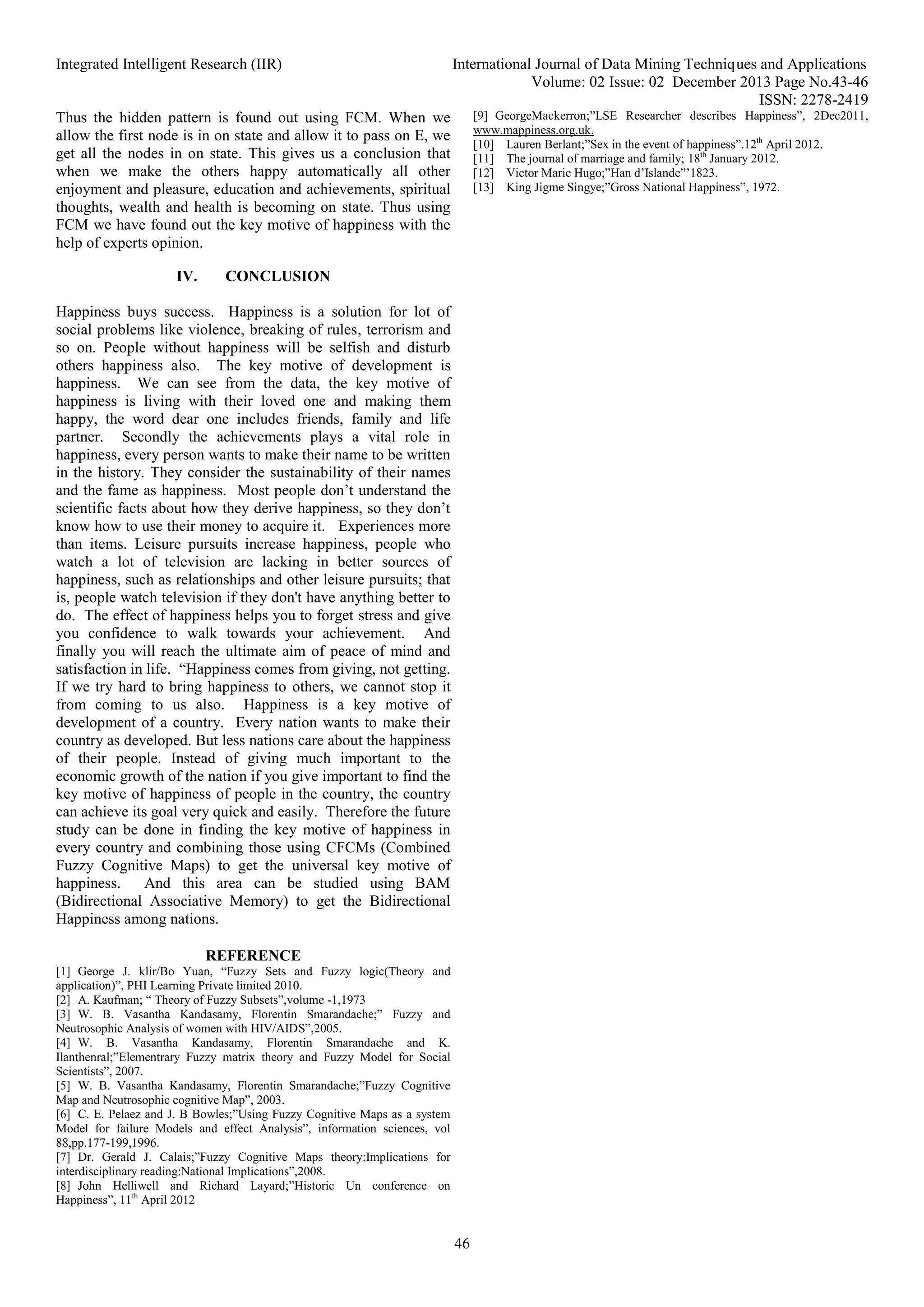 A Study on Finding the Key Motive of Happiness Using Fuzzy Cognitive Maps (FCMs) | PDF