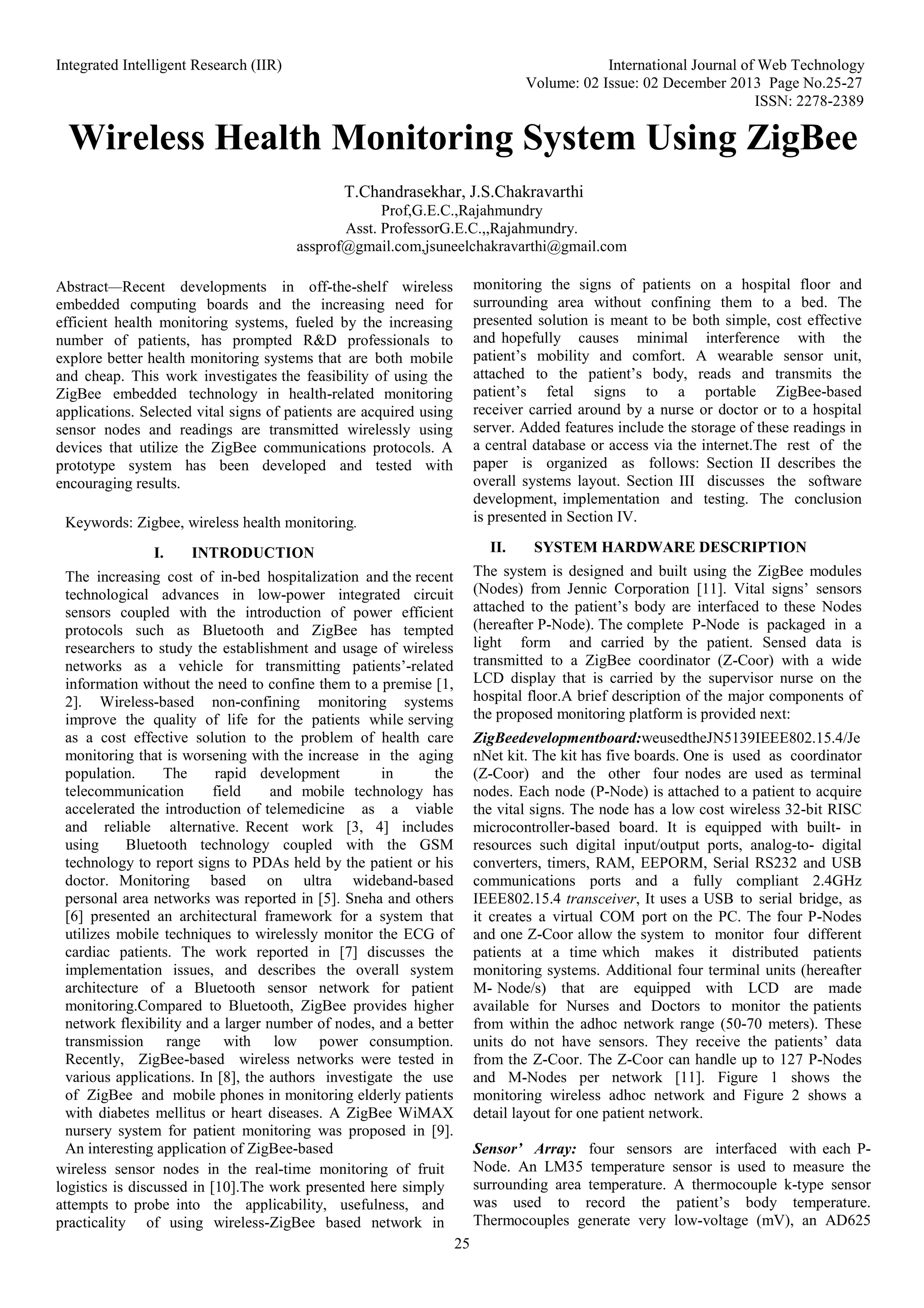 Wireless Health Monitoring System Using ZigBee | DOC | Medical Health