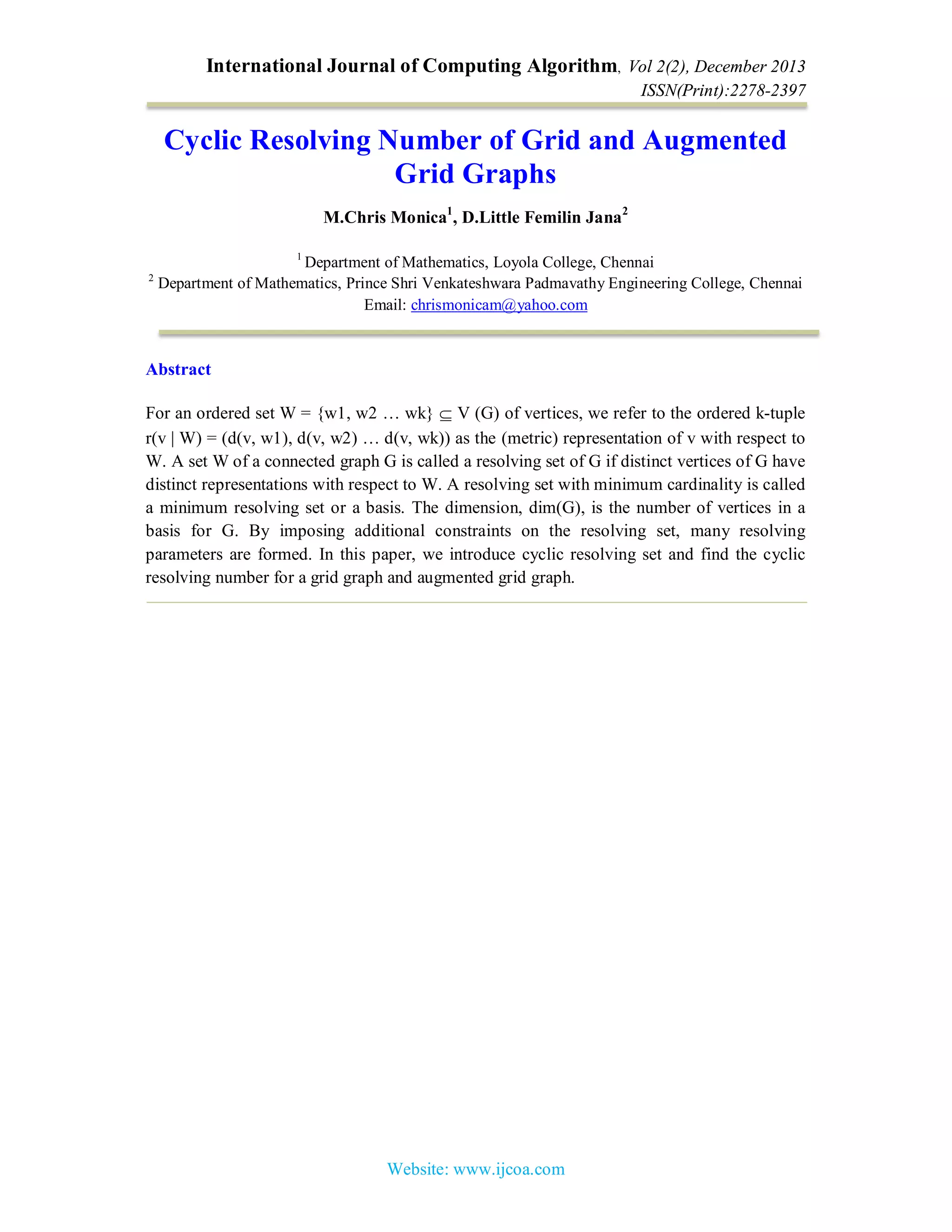 CYCLIC RESOLVING NUMBER OF GRID AND AUGMENTED GRID GRAPHS | PDF