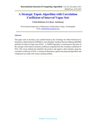 A STRATEGIC TOPSIS ALGORITHM WITH CORRELATION COEFFICIENT OF INTERVAL VAGUE SETS | PDF