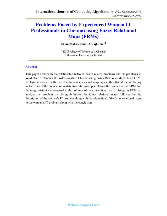 Problems Faced by Experienced Women IT Professionals in Chennai using ...