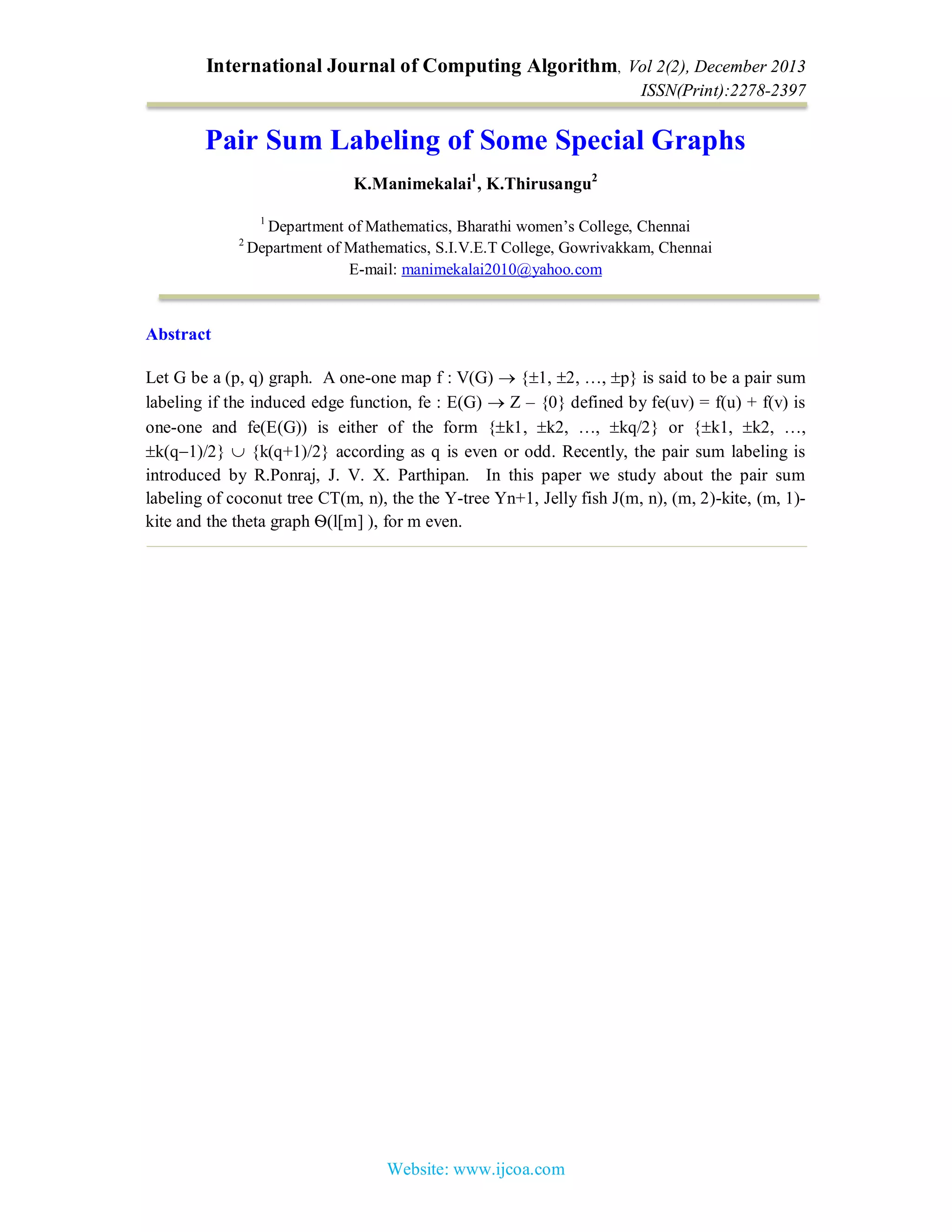 Pair Sum Labeling of Some Special Graphs | PDF