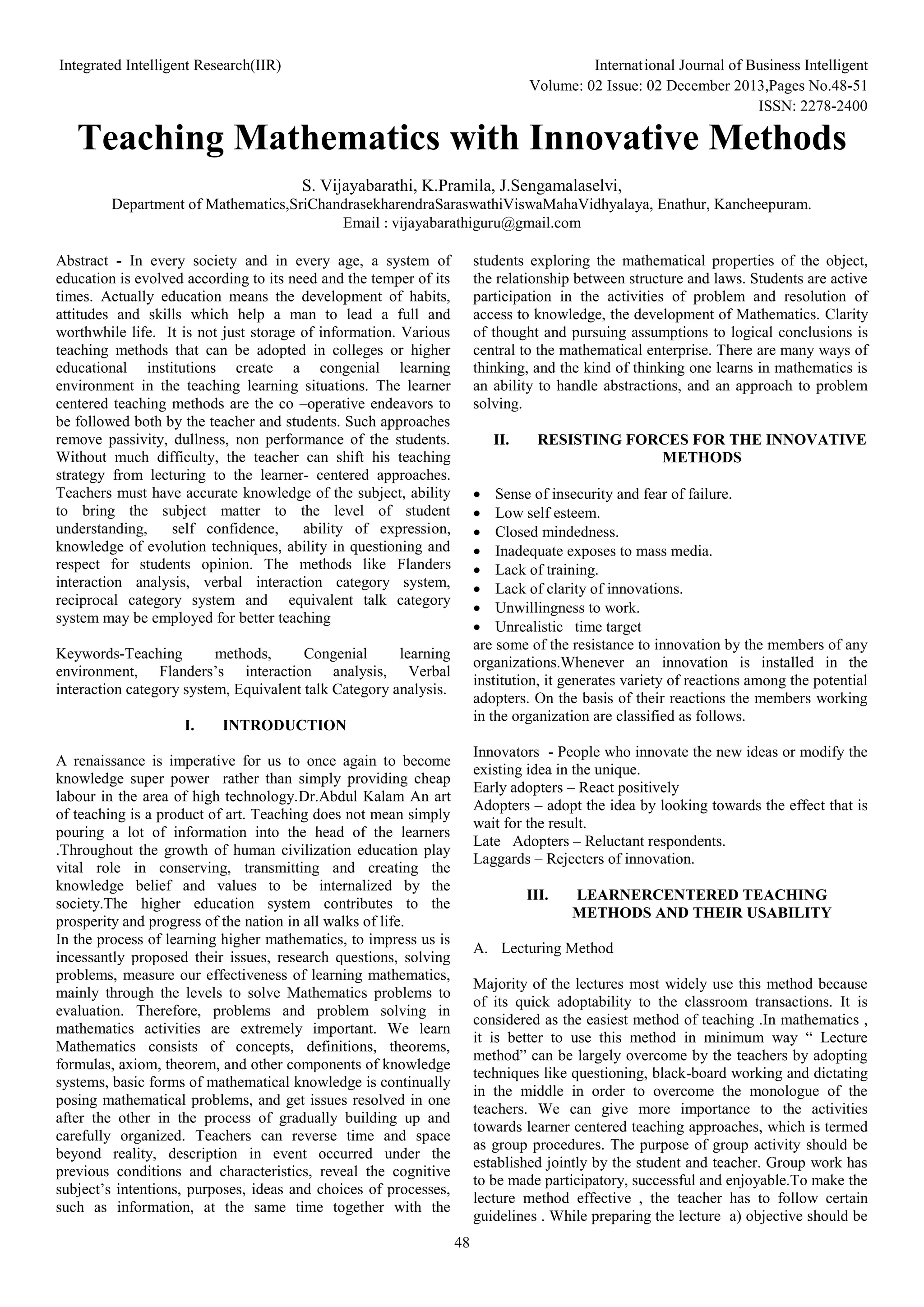 Teaching Mathematics with Innovative Methods | DOCX | Educational ...