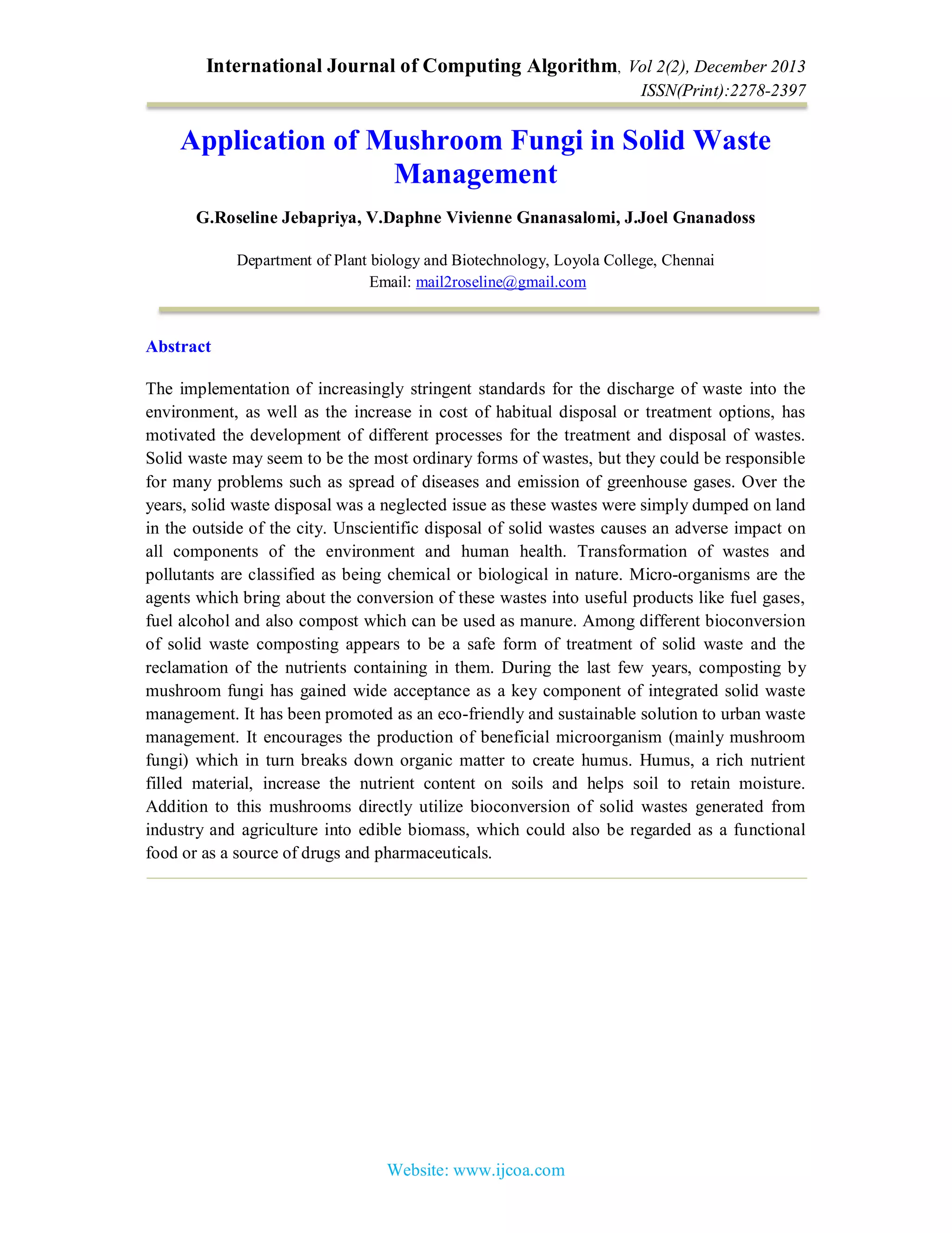 APPLICATION OF MUSHROOM FUNGI IN SOLID WASTE MANAGEMENT | PDF
