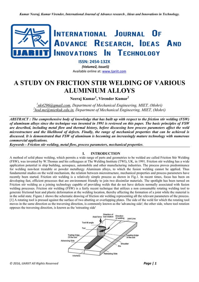 A STUDY ON FRICTION STIR WELDING OF VARIOUS ALUMINIUM ALLOYS | PDF
