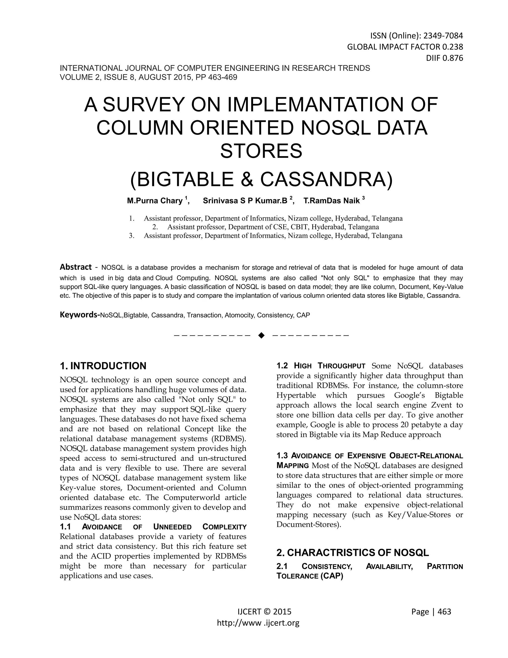 SURVEY ON IMPLEMANTATION OF COLUMN ORIENTED NOSQL DATA STORES ( BIGTABLE & CASSANDRA). | PDF