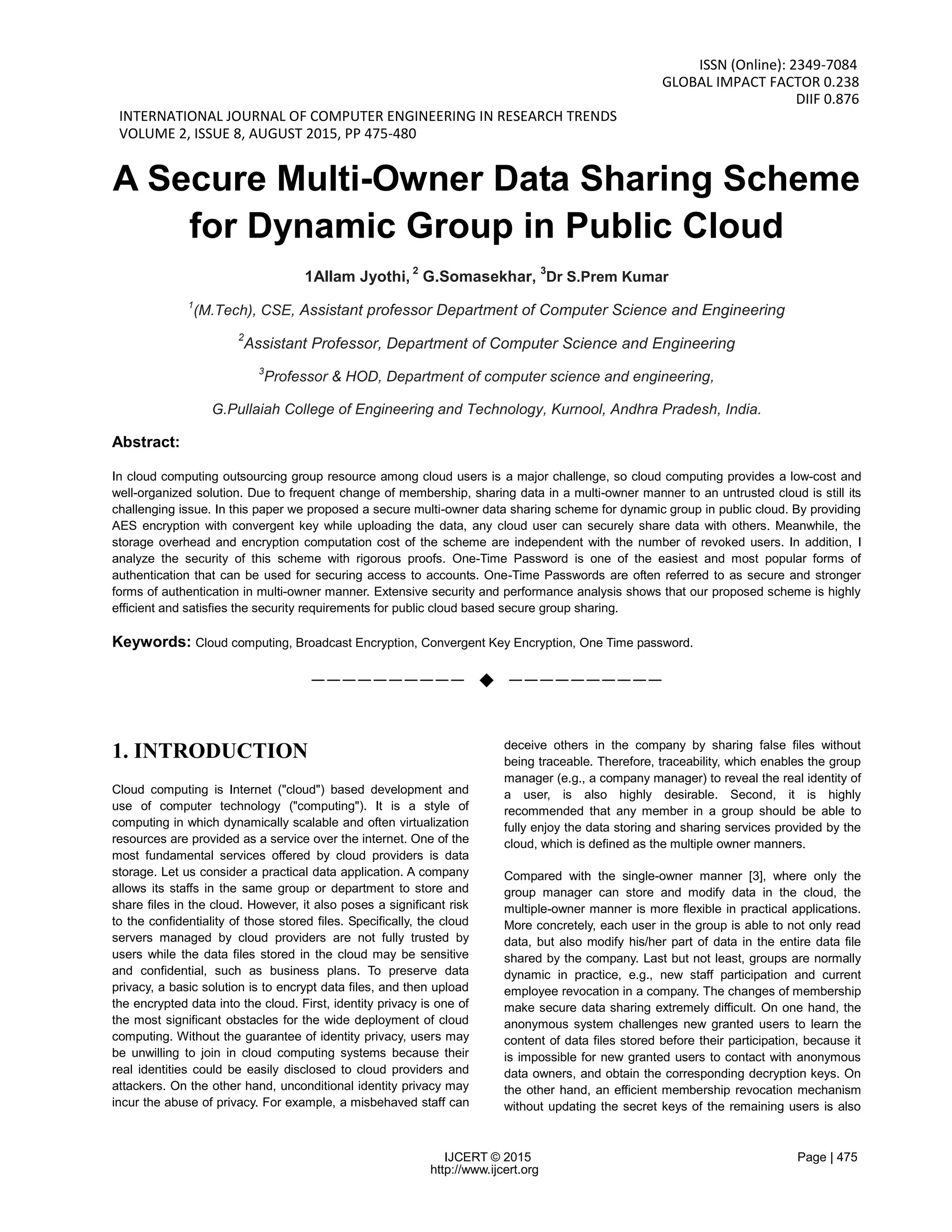 A Secure Multi-Owner Data Sharing Scheme for Dynamic Group in Public Cloud. | PDF | Cloud ...