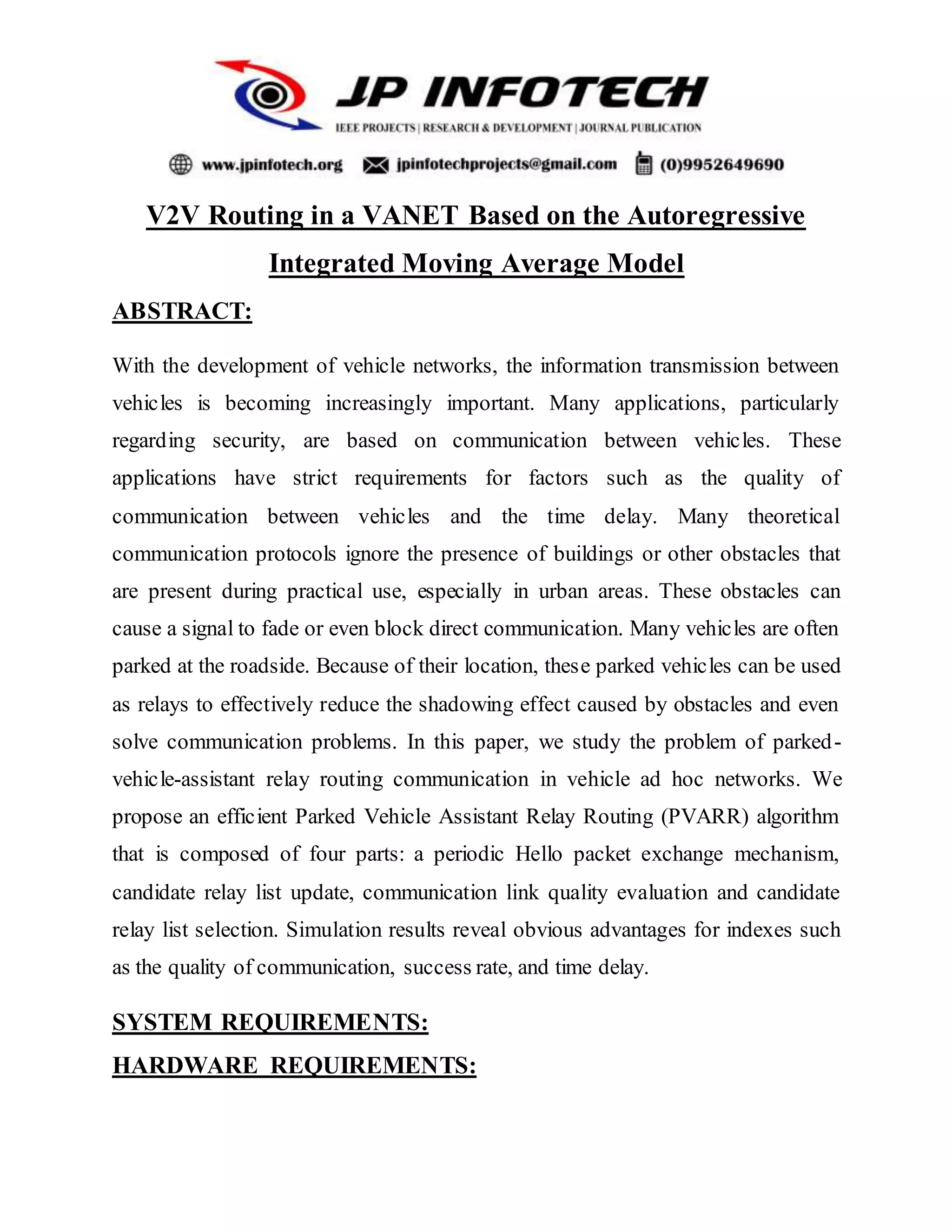 V2V Routing in a VANET Based on the Auto regressive Integrated Moving Average Model | PDF