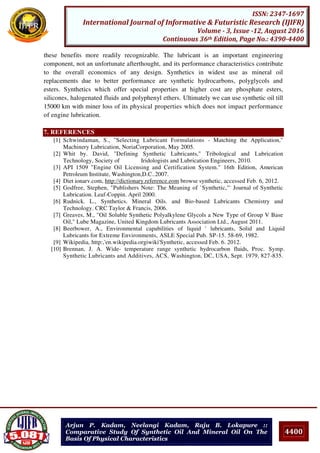 Comparative Study Of Synthetic Oil And Mineral Oil On The Basis Of ...