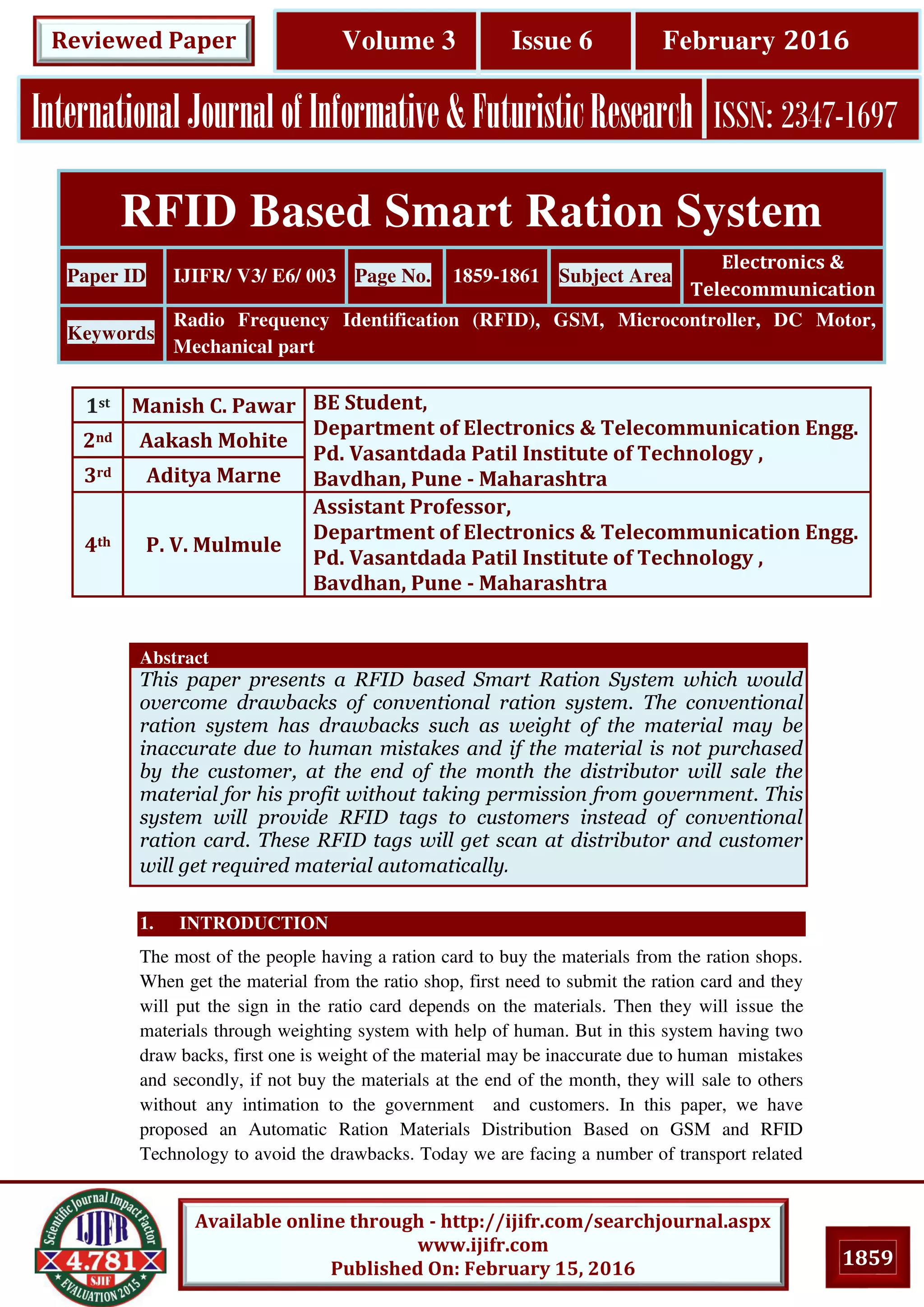 RFID Based Smart Ration System | PDF