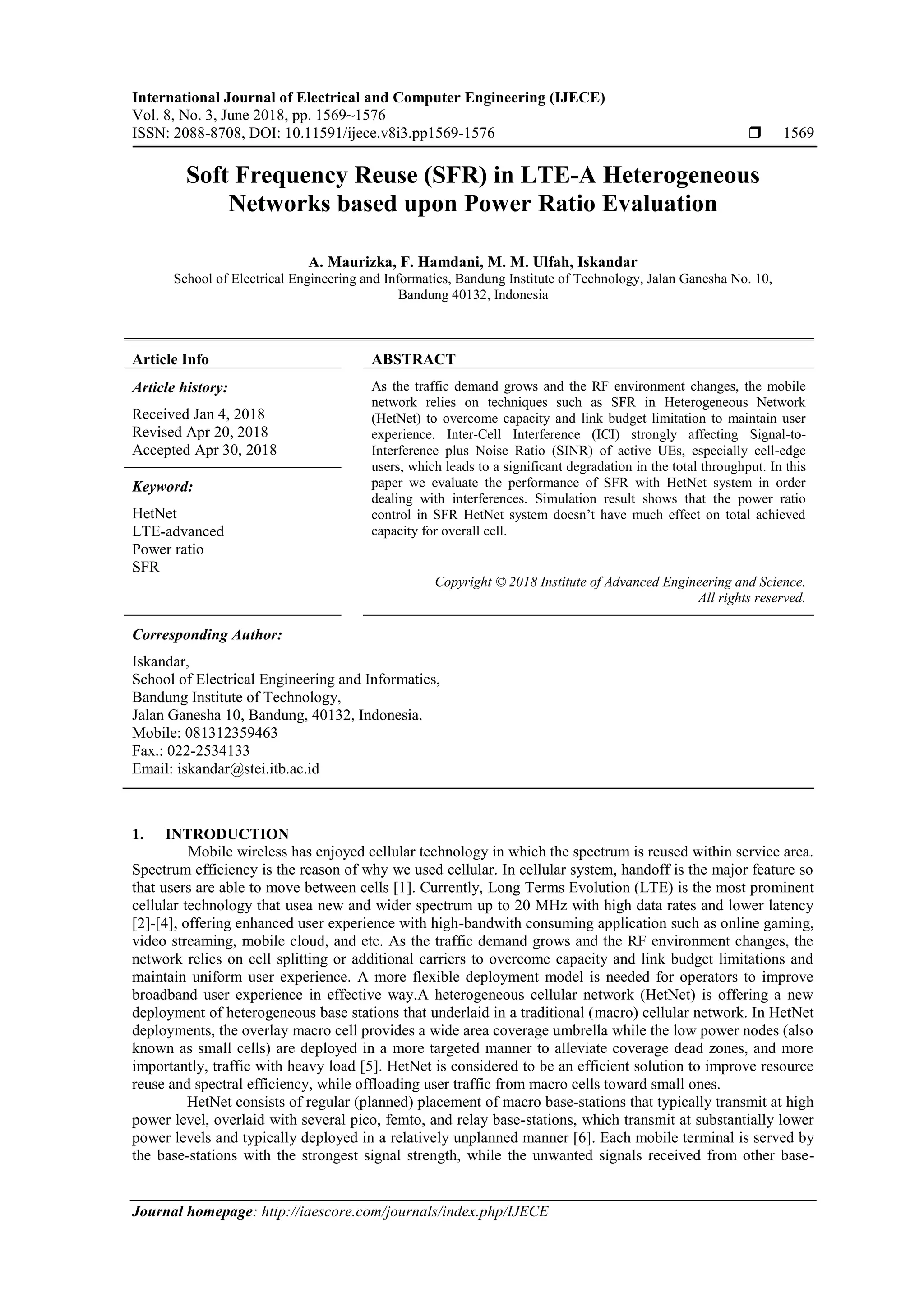 Soft Frequency Reuse (SFR) in LTE-A Heterogeneous Networks based upon Power Ratio Evaluation | PDF