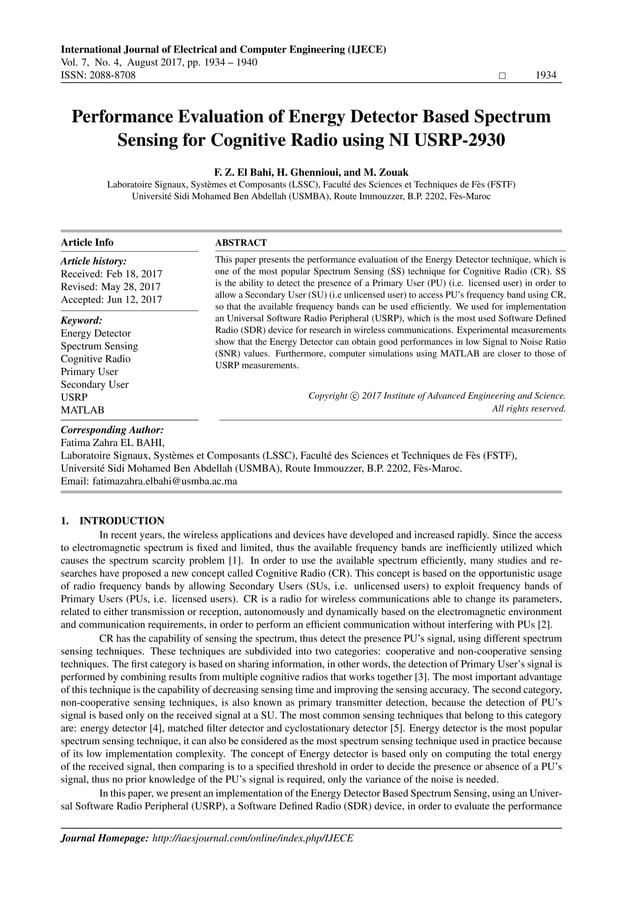 Performance Evaluation Of Energy Detector Based Spectrum Sensing For Cognitive Radio Using Ni