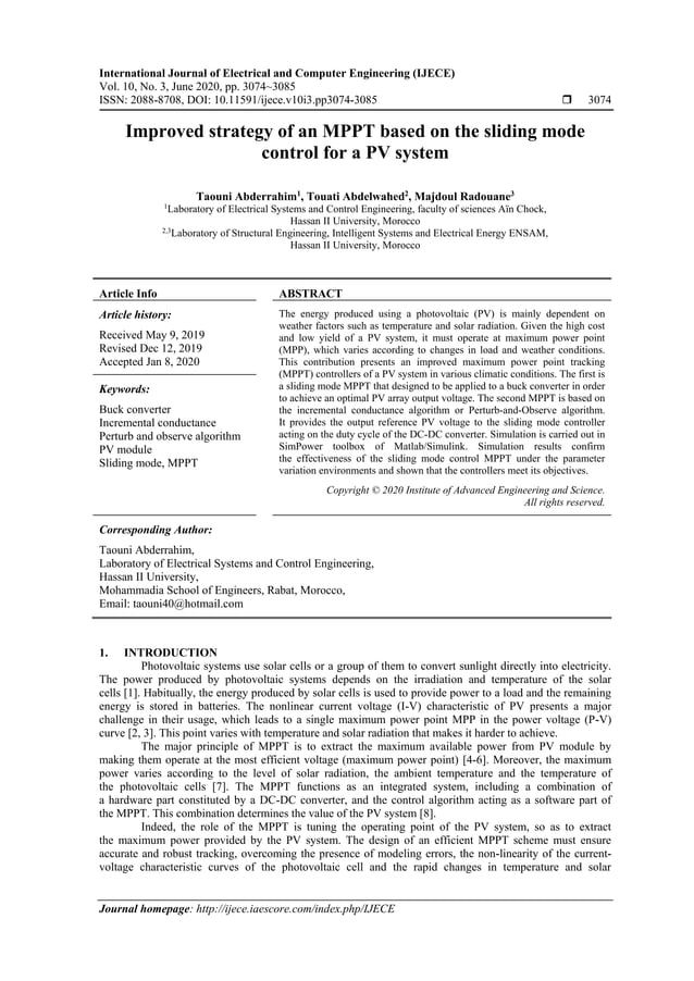 Improved strategy of an MPPT based on the sliding mode control for a PV system | PDF
