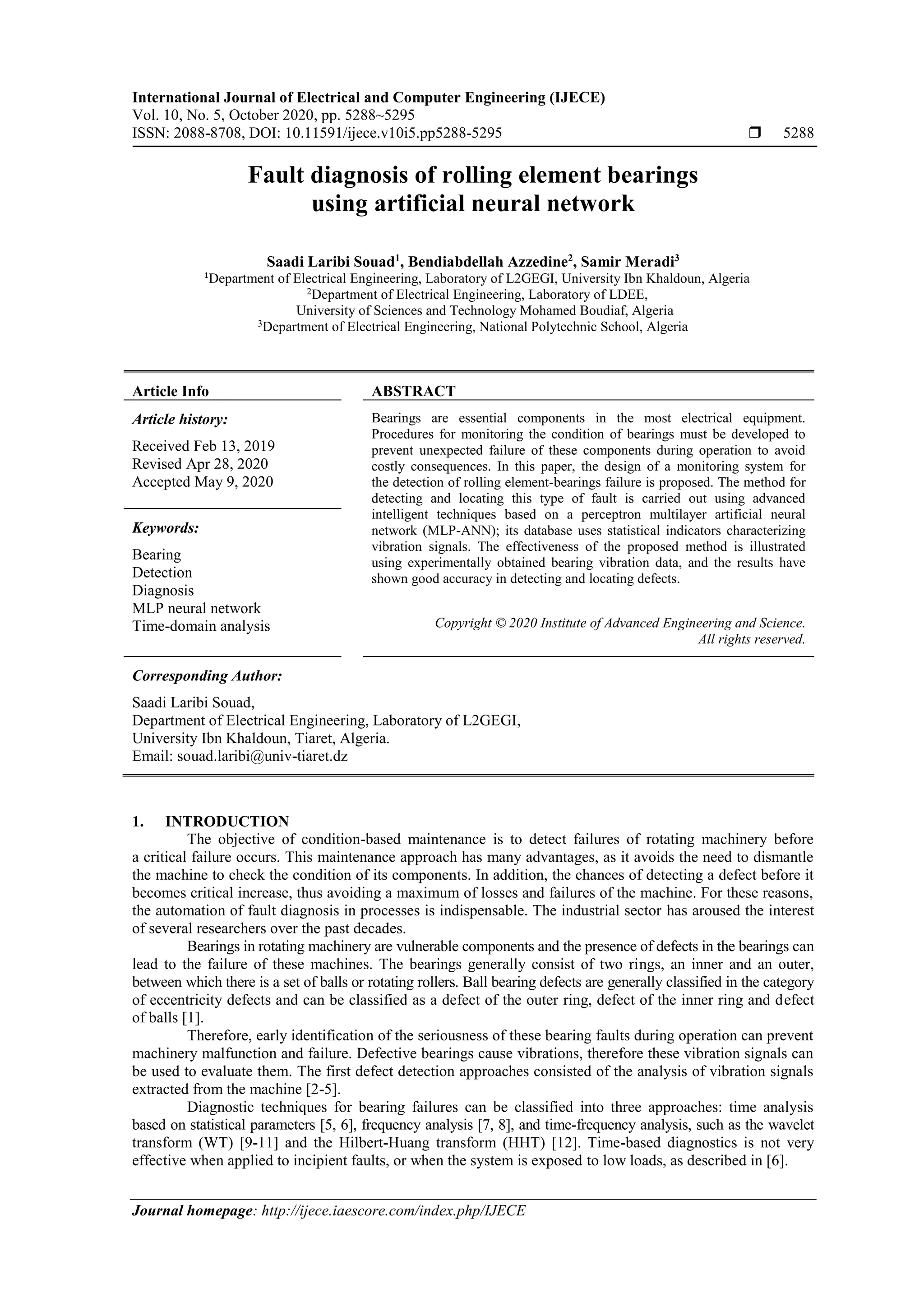 Fault Diagnosis Of Rolling Element Bearings Using Artificial Neural Network Pdf Artificial