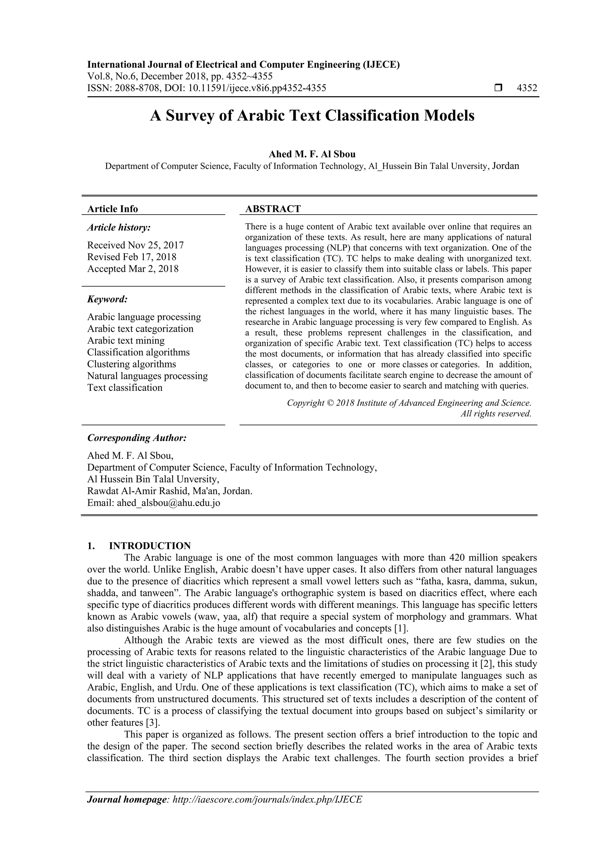 A Survey Of Arabic Text Classification Models Pdf