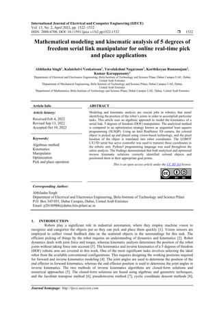 Mathematical modeling and kinematic analysis of 5 degrees of freedom serial link manipulator for ...