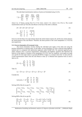 Mathematical modeling and kinematic analysis of 5 degrees of freedom serial link manipulator for ...