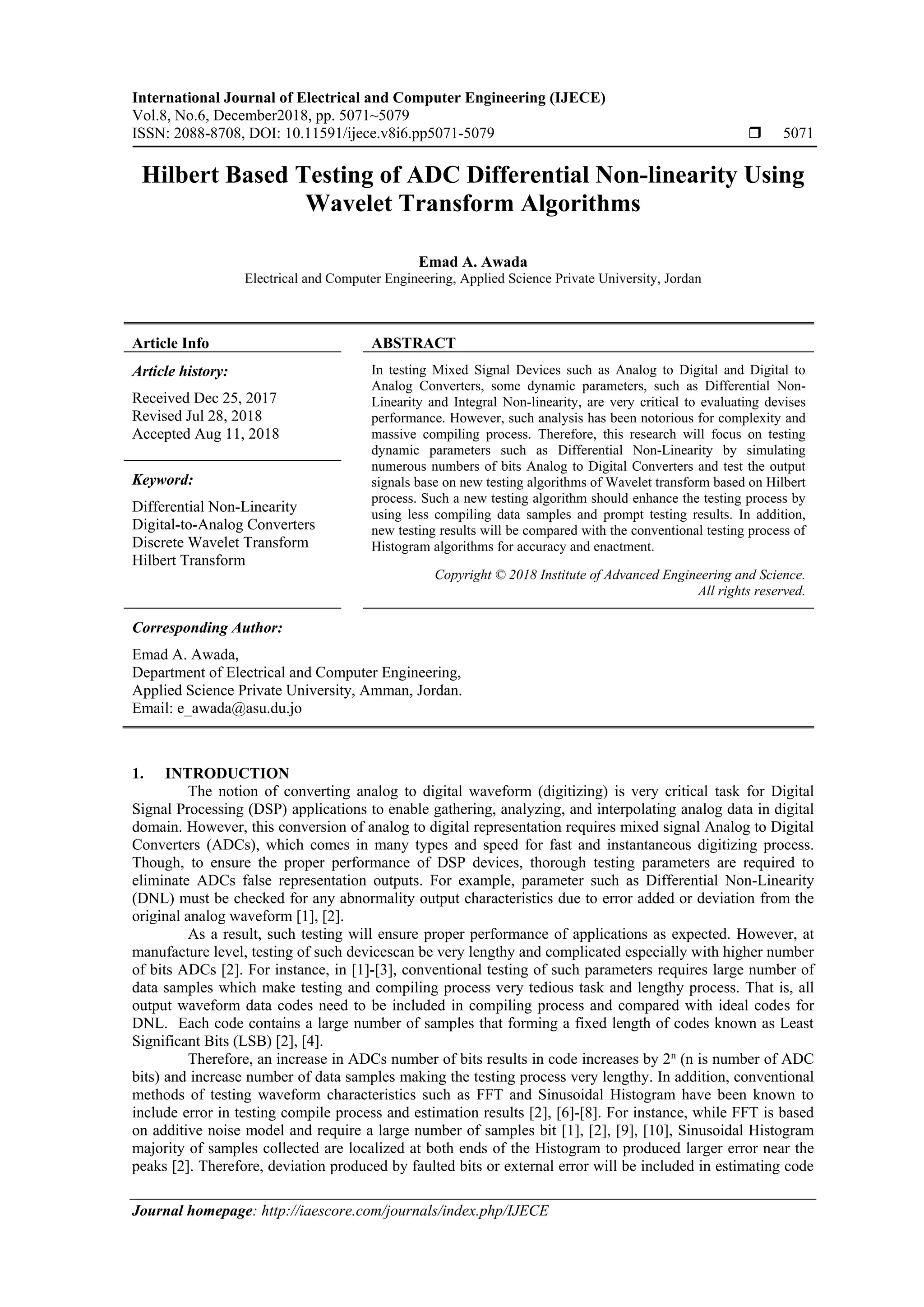 Hilbert Based Testing Of Adc Differential Non Linearity Using Wavelet