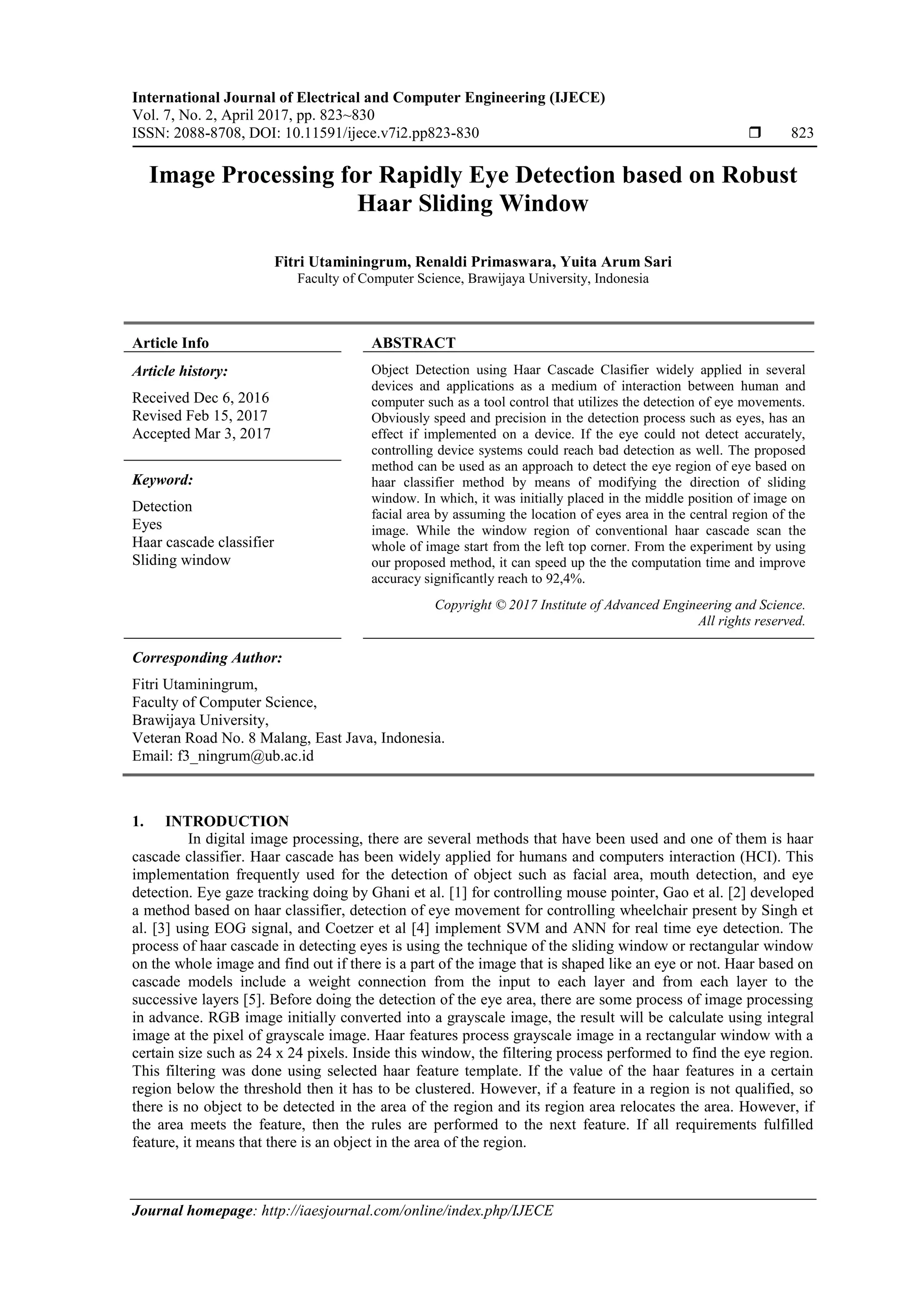 Image Processing for Rapidly Eye Detection based on Robust Haar Sliding Window | PDF