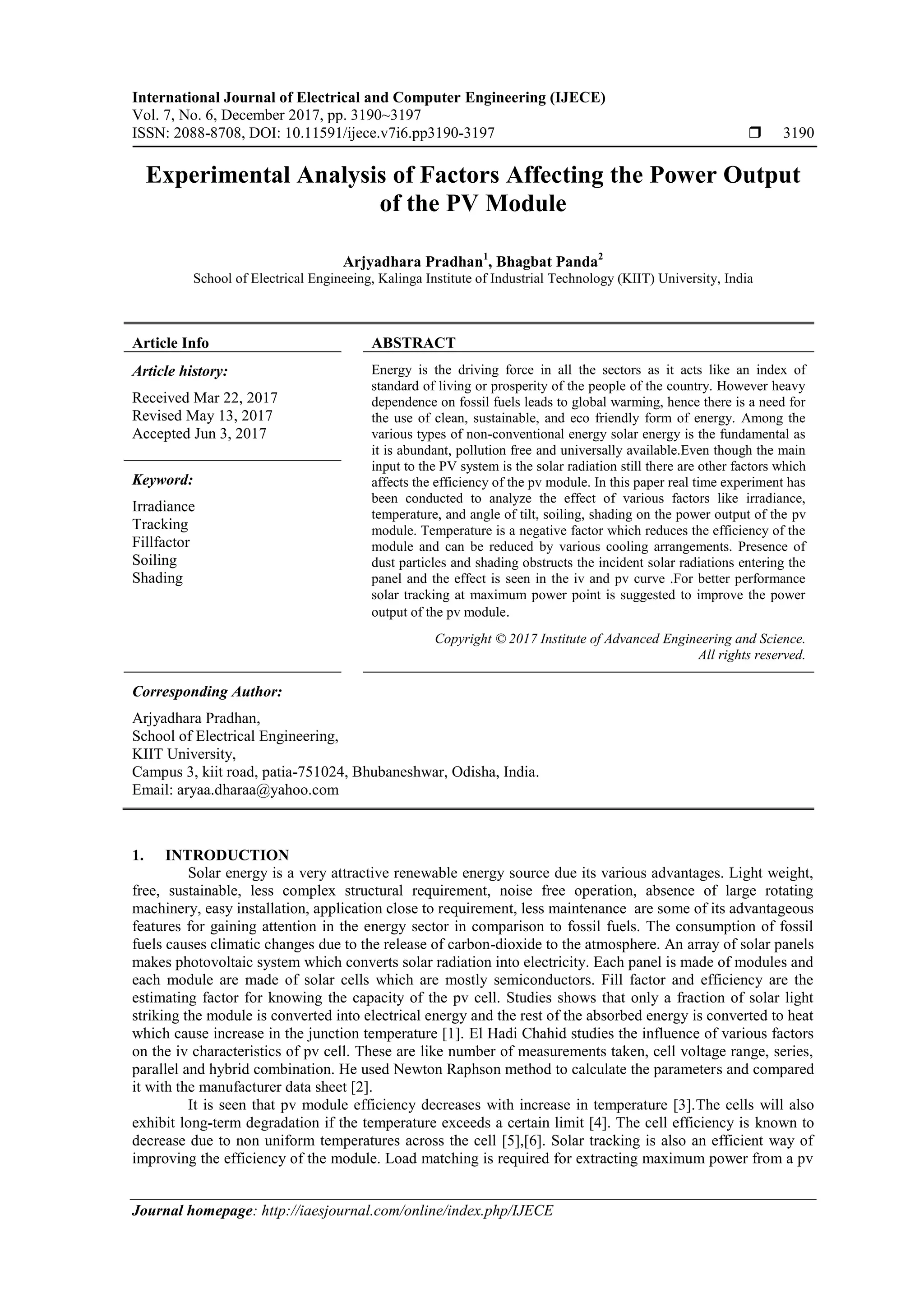 Experimental Analysis of Factors Affecting the Power Output of the PV Module | PDF
