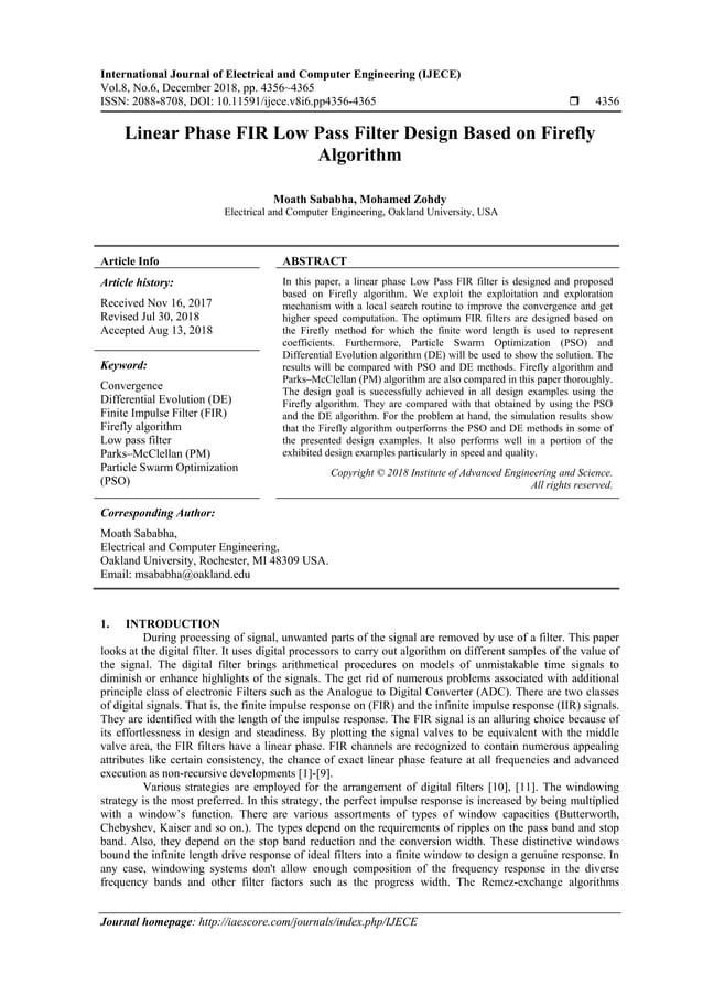 Linear Phase FIR Low Pass Filter Design Based on Firefly Algorithm | PDF