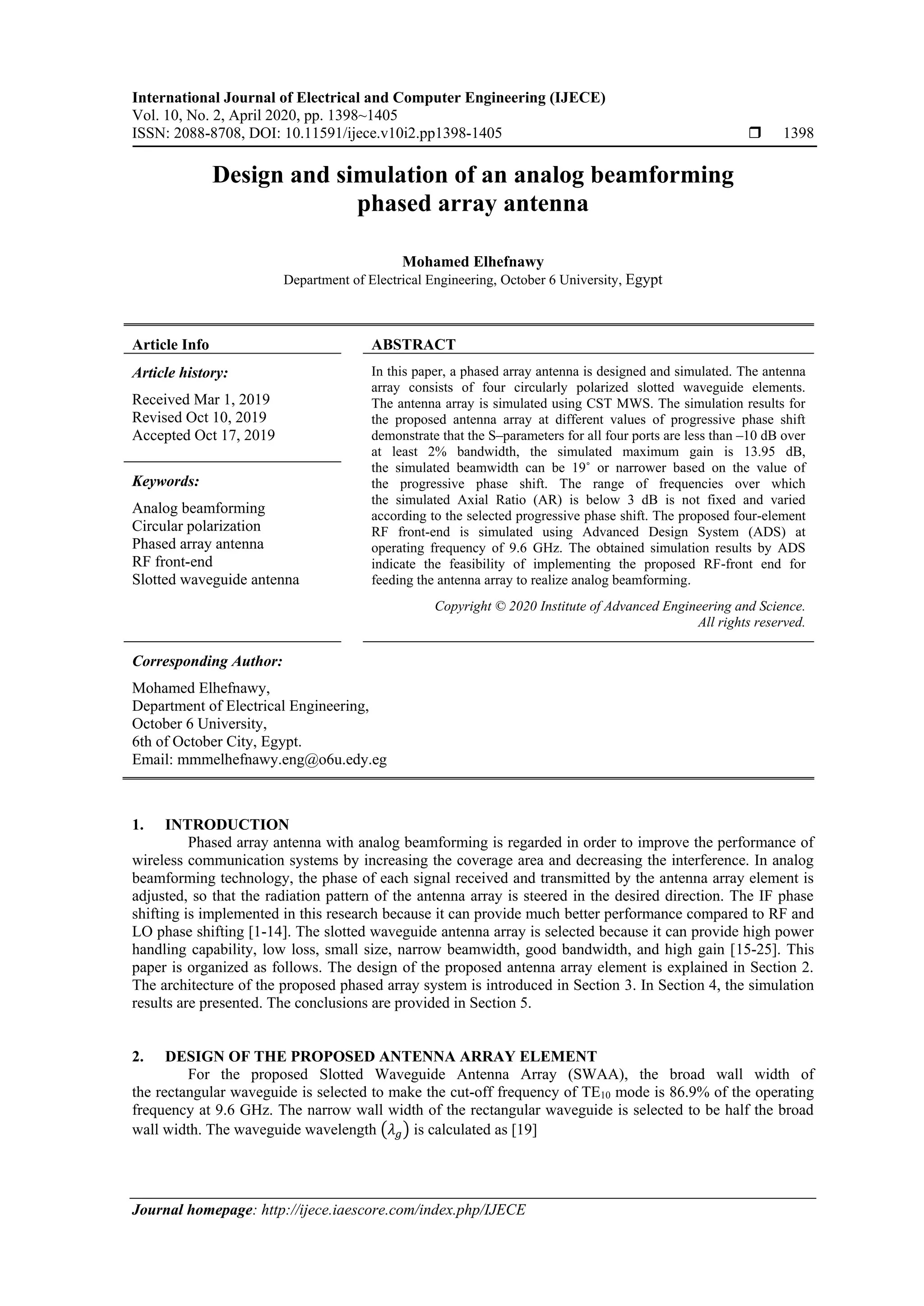 Design and simulation of an analog beamforming phased array antenna | PDF
