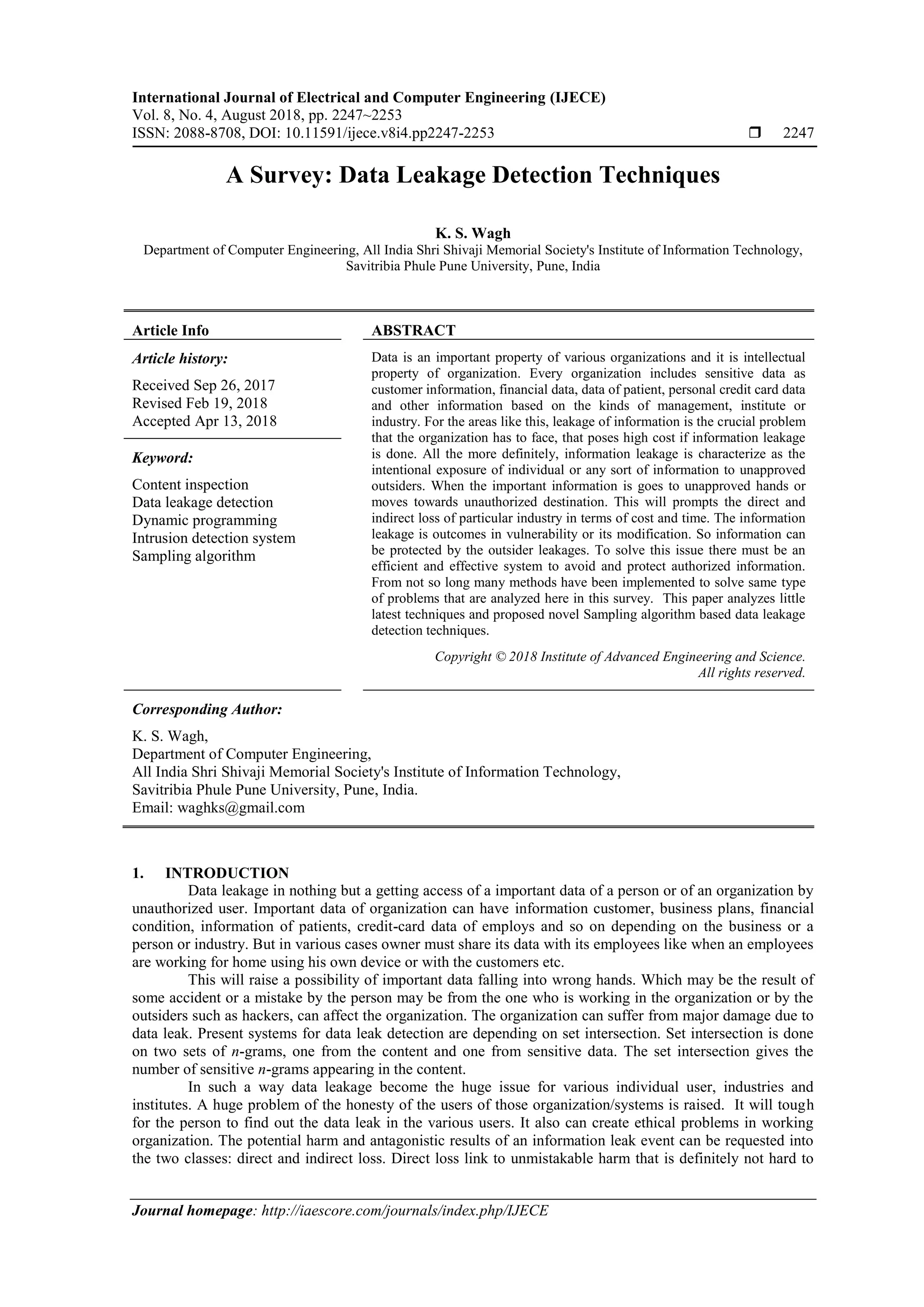 A Survey: Data Leakage Detection Techniques | PDF