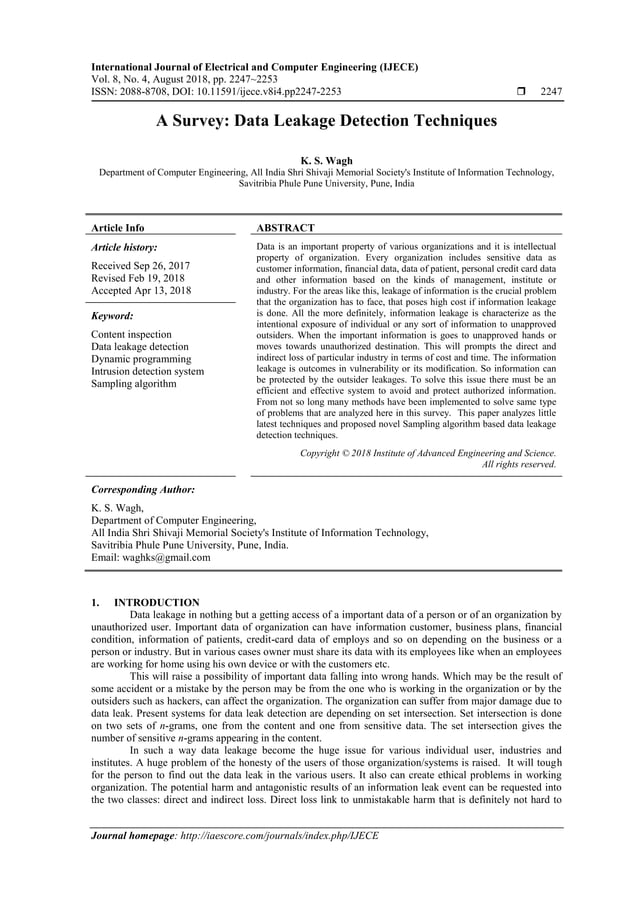 A Survey: Data Leakage Detection Techniques | PDF
