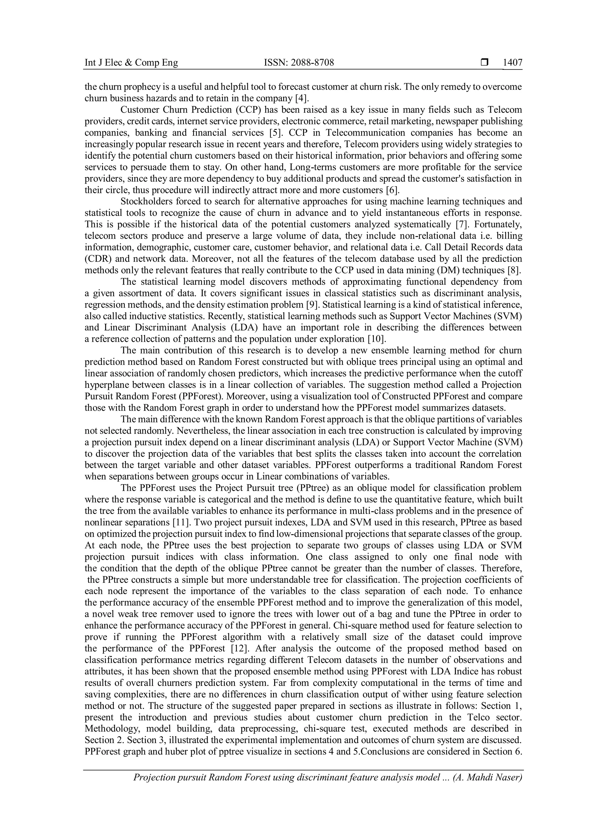 Projection pursuit Random Forest using discriminant feature analysis ...