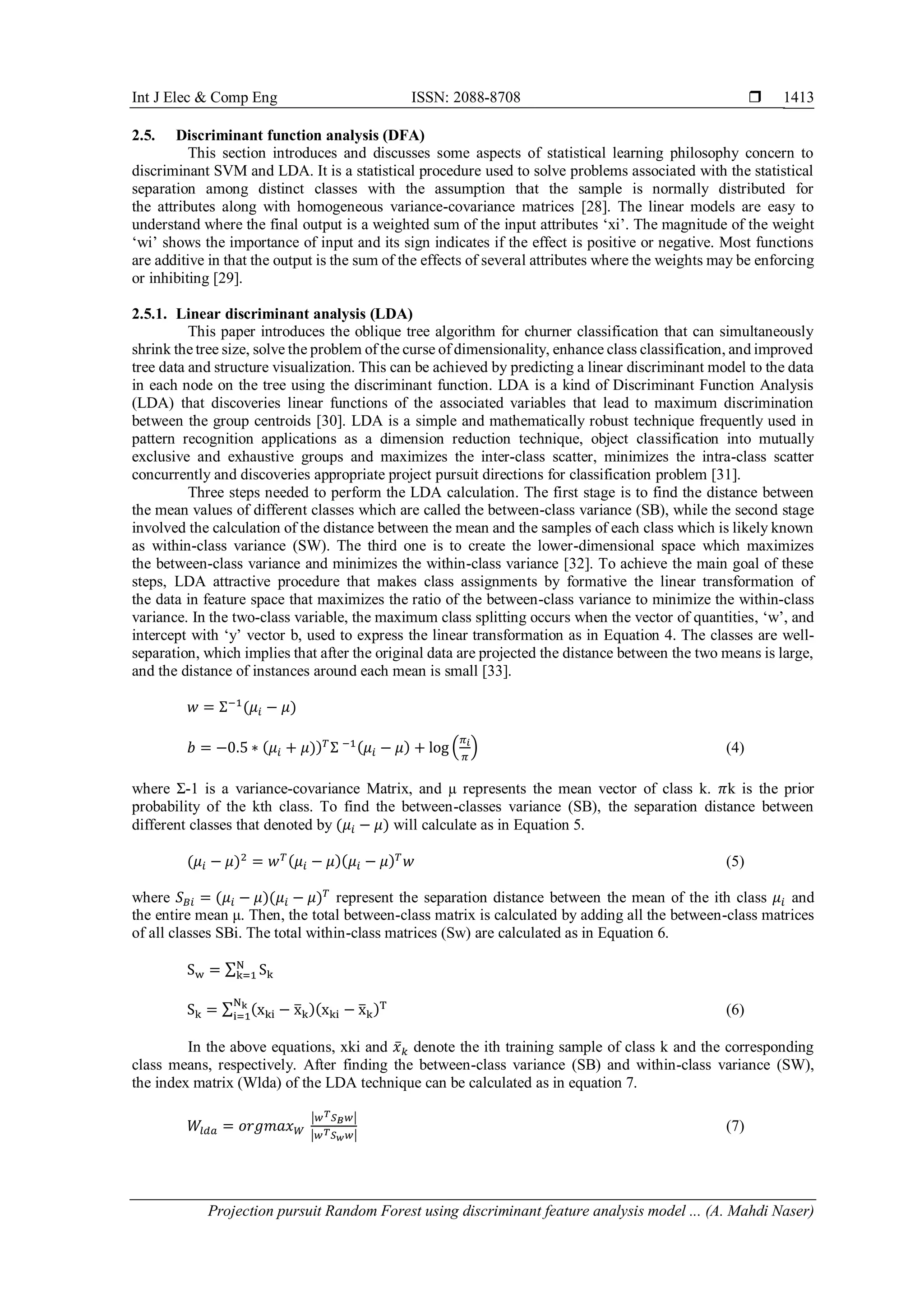 Projection pursuit Random Forest using discriminant feature analysis ...