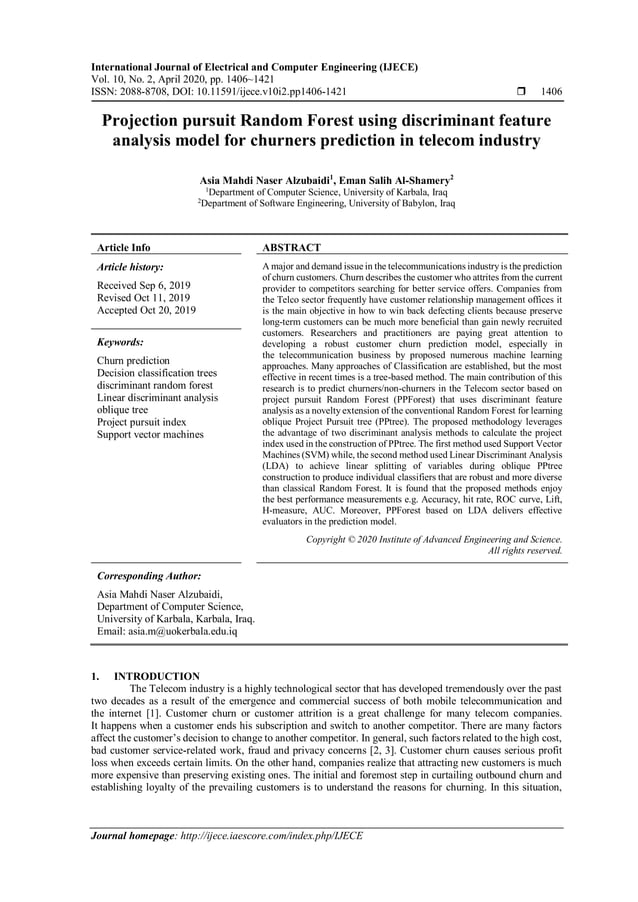 Projection pursuit Random Forest using discriminant feature analysis model for churners ...