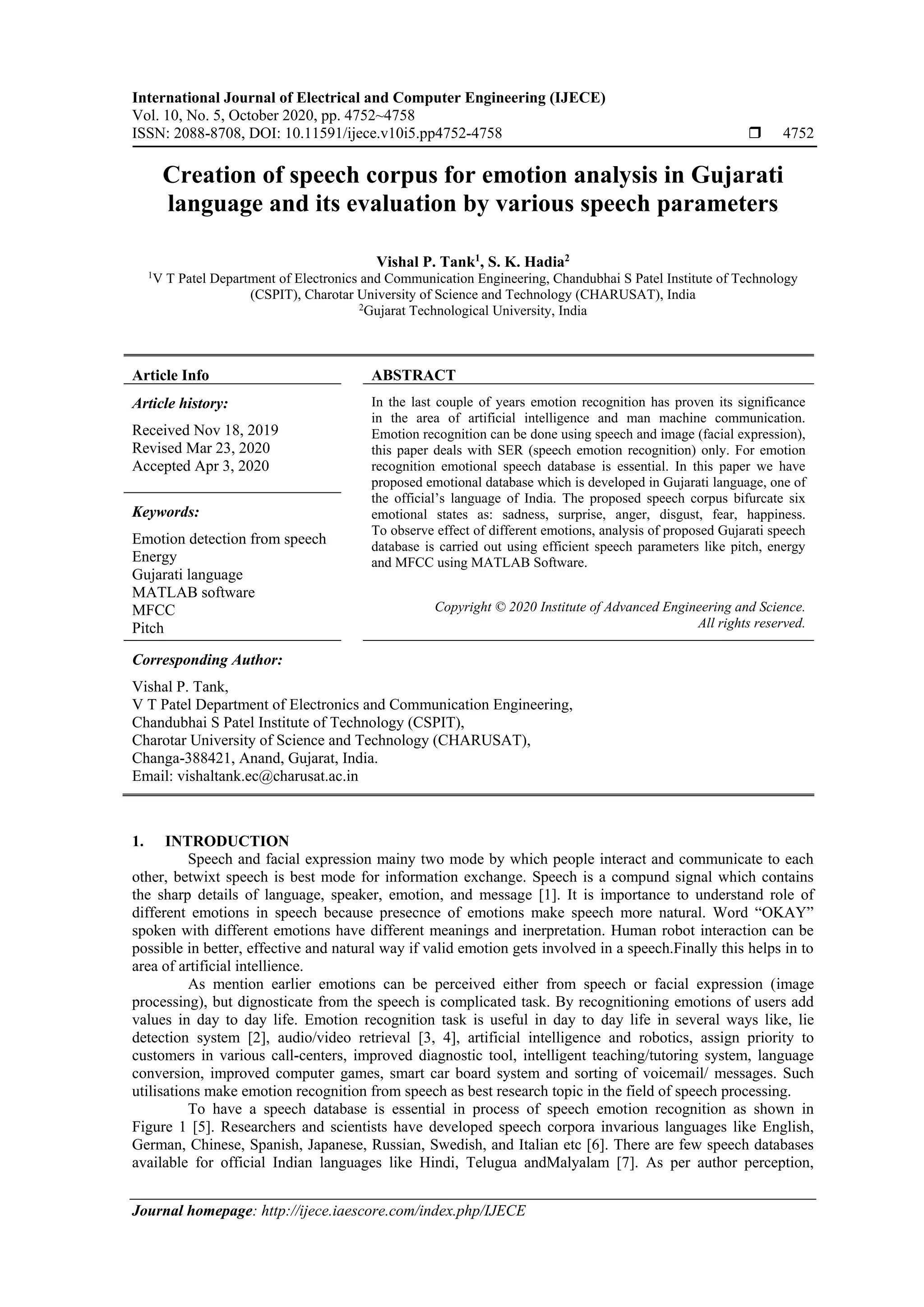 Creation of speech corpus for emotion analysis in Gujarati language and ...