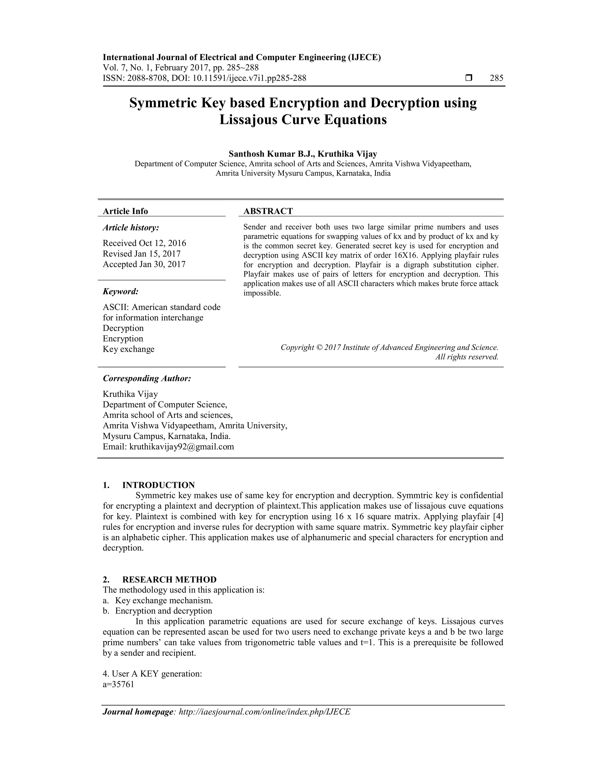 Symmetric Key Based Encryption And Decryption Using Lissajous Curve