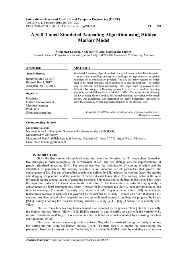 A Self-Tuned Simulated Annealing Algorithm using Hidden Markov Mode | PDF