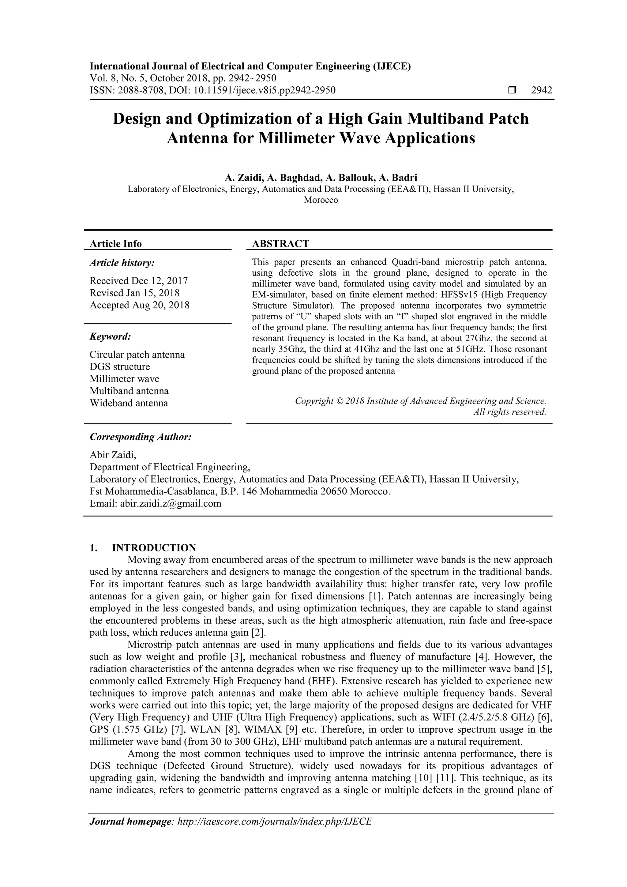 Design and Optimization of a High Gain Multiband Patch Antenna for Millimeter Wave Applications ...