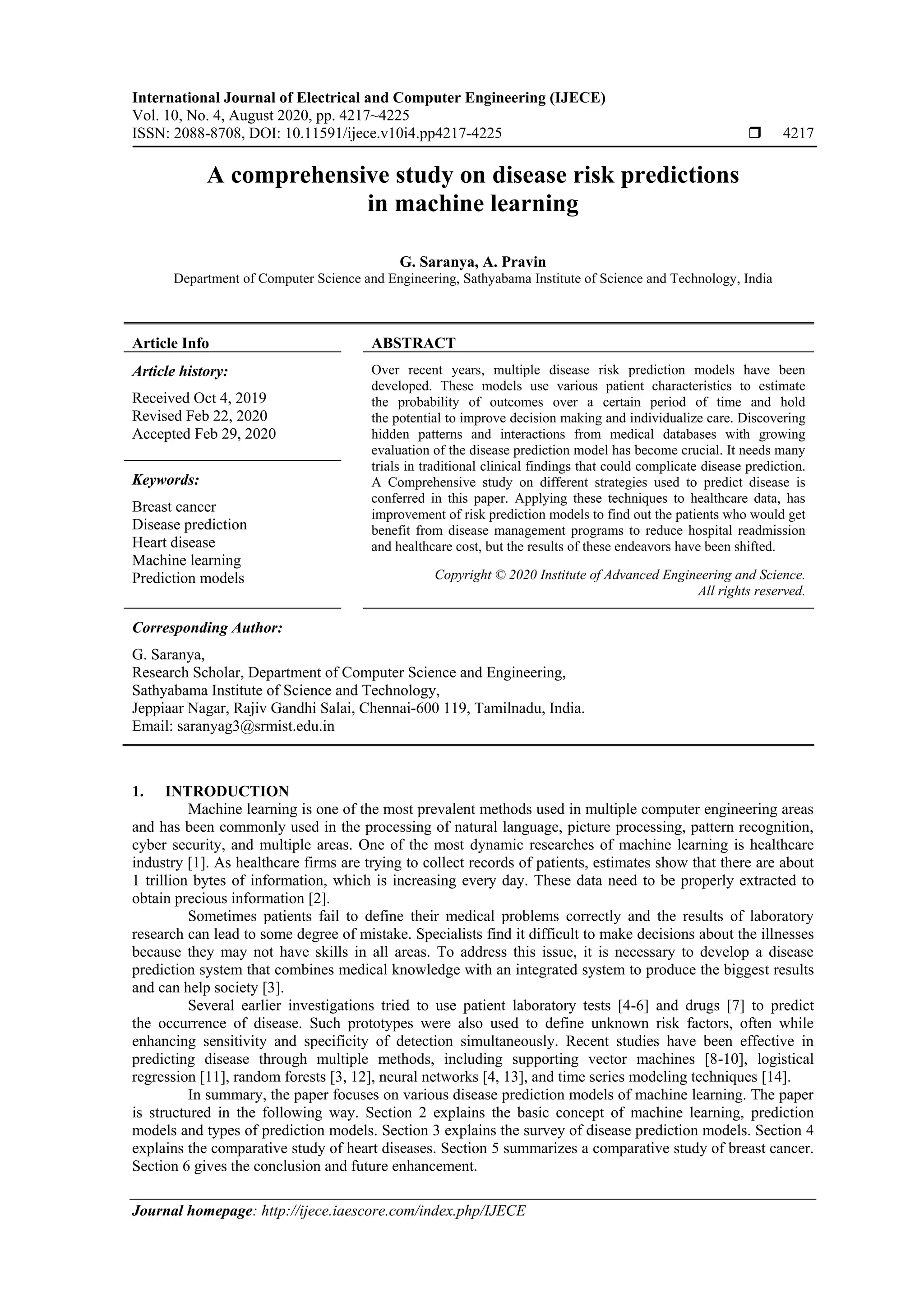 A comprehensive study on disease risk predictions in machine learning | PDF
