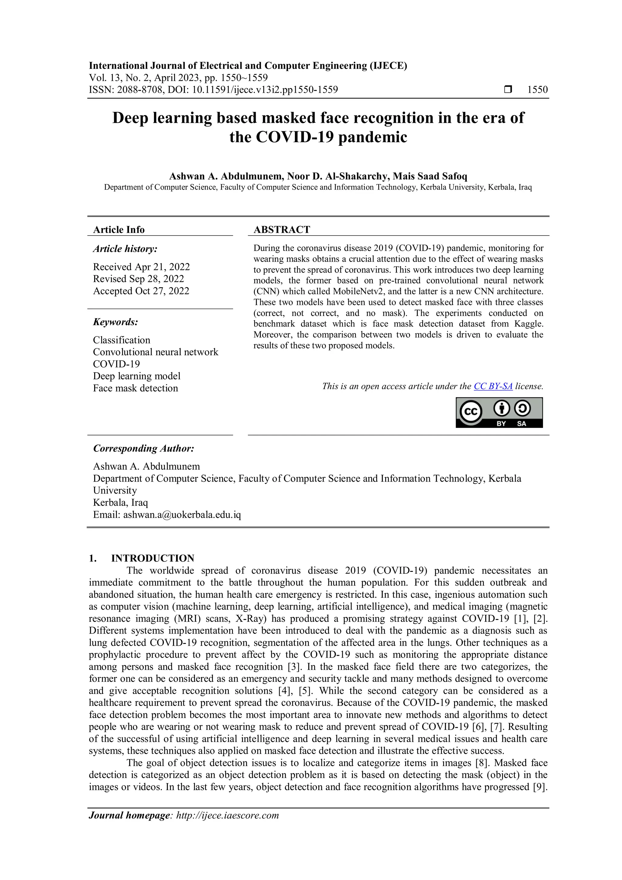 Deep learning based masked face recognition in the era of the COVID-19 ...