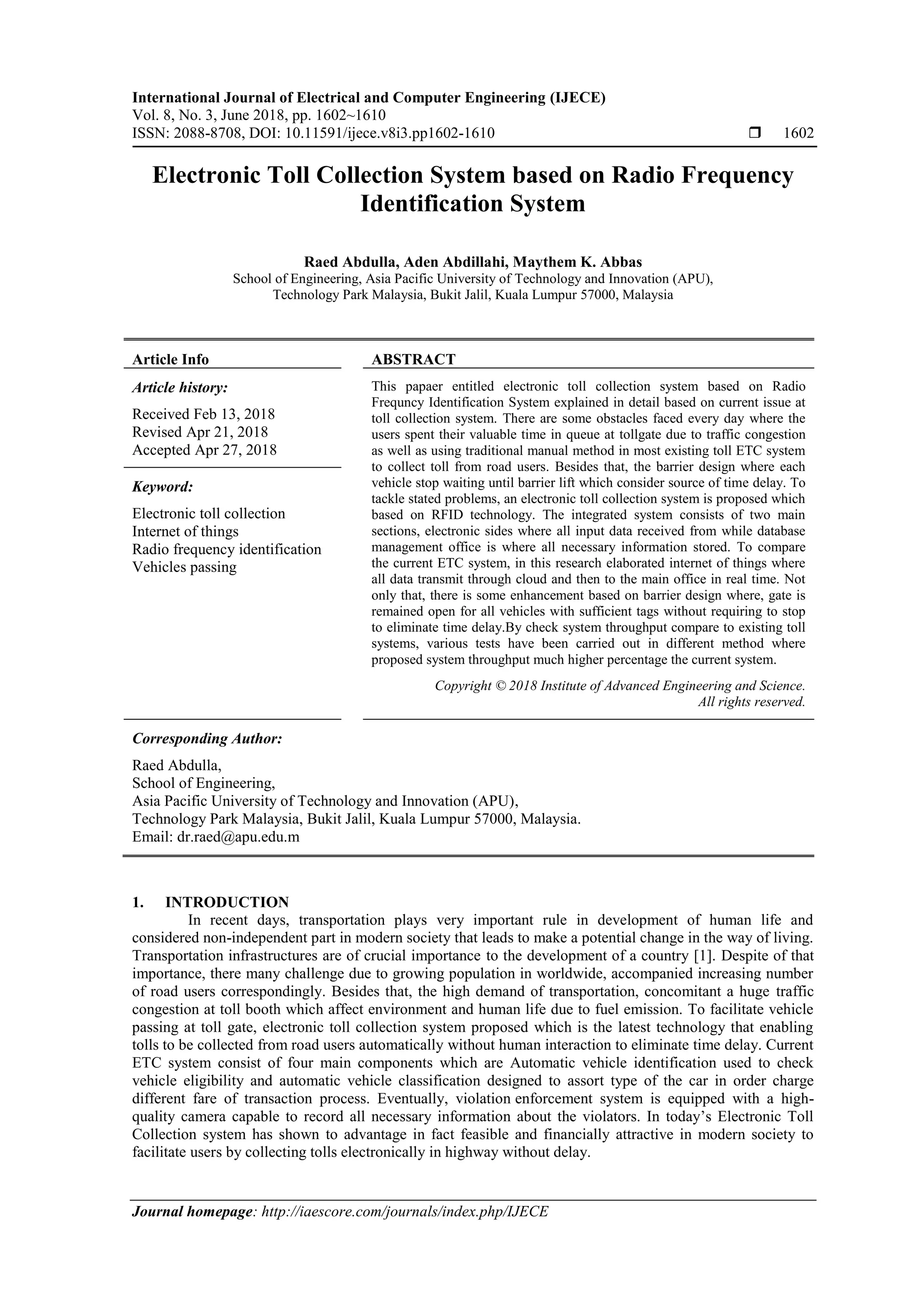 Electronic Toll Collection System based on Radio Frequency ...
