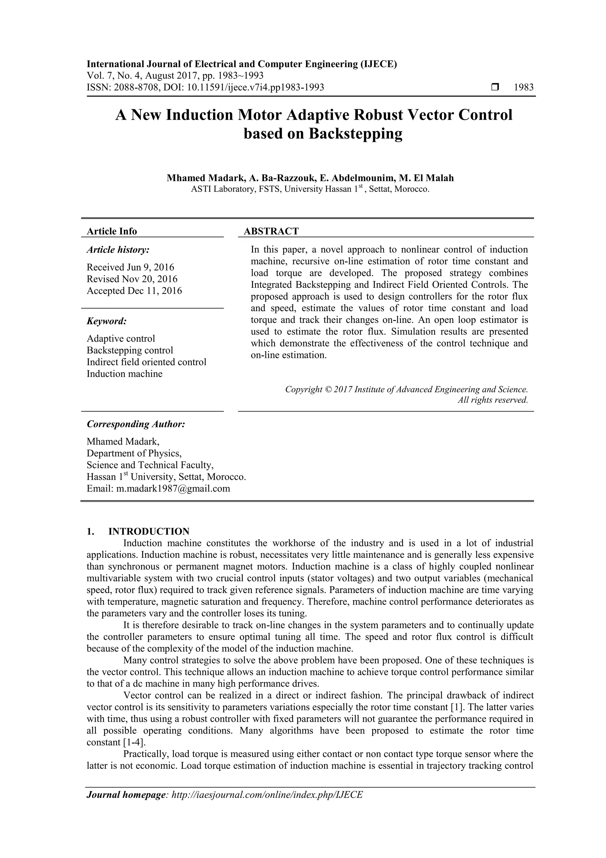 A New Induction Motor Adaptive Robust Vector Control Based On