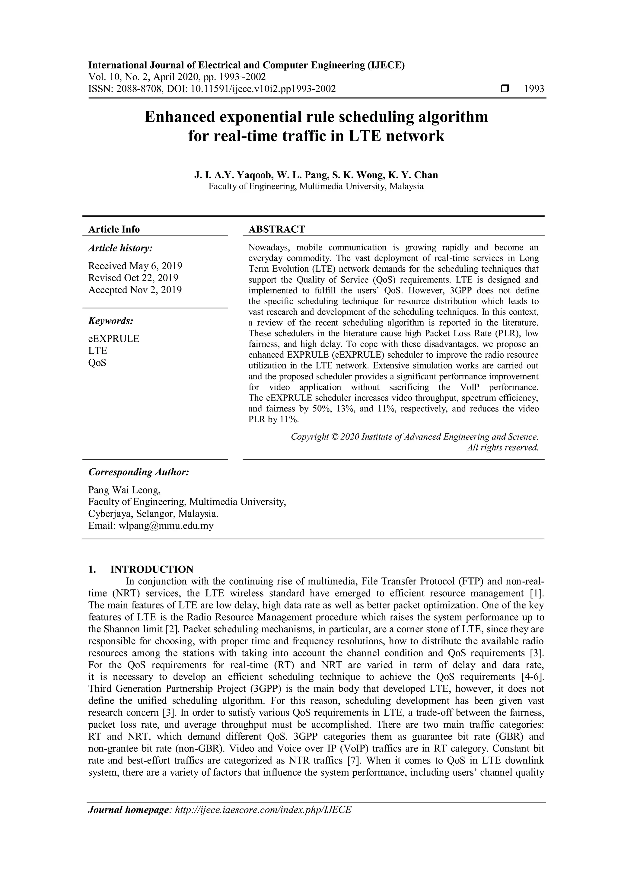 Enhanced exponential rule scheduling algorithm for real-time traffic in LTE network | PDF