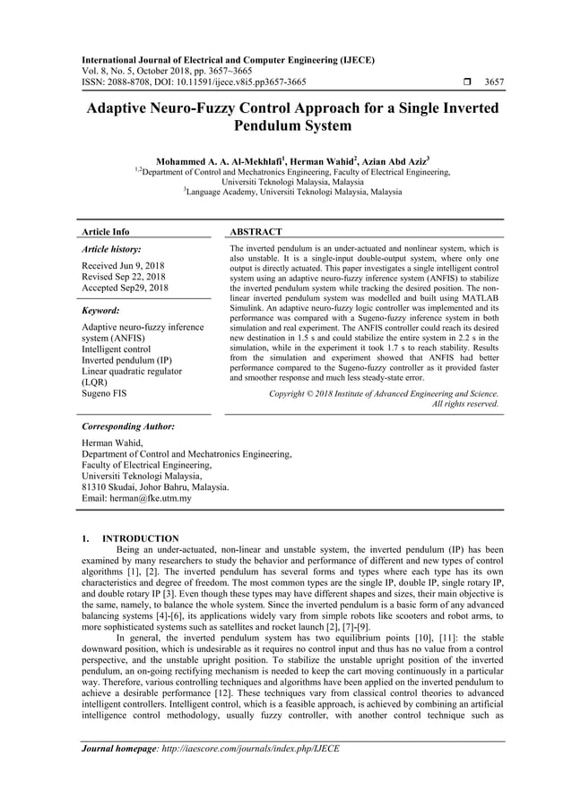 Adaptive Neuro-Fuzzy Control Approach for a Single Inverted Pendulum System | PDF