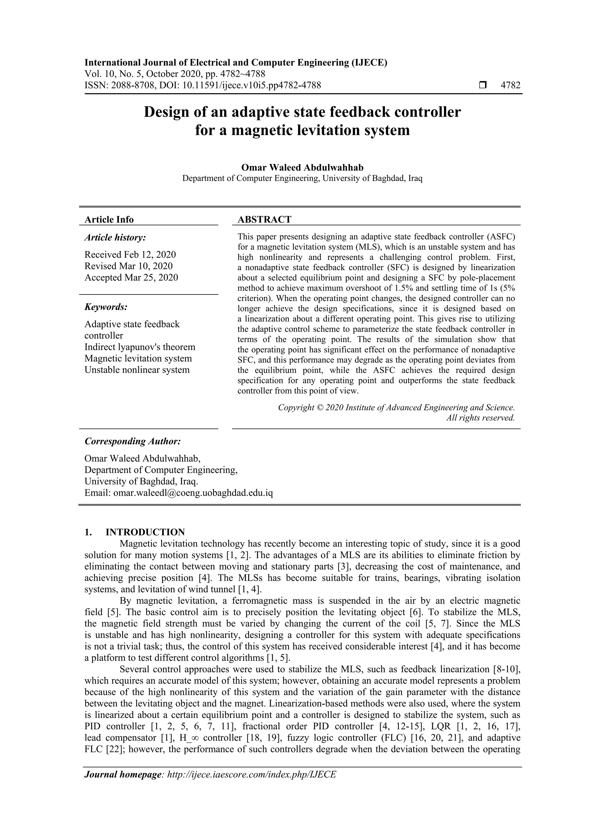 Design of an adaptive state feedback controller for a magnetic ...