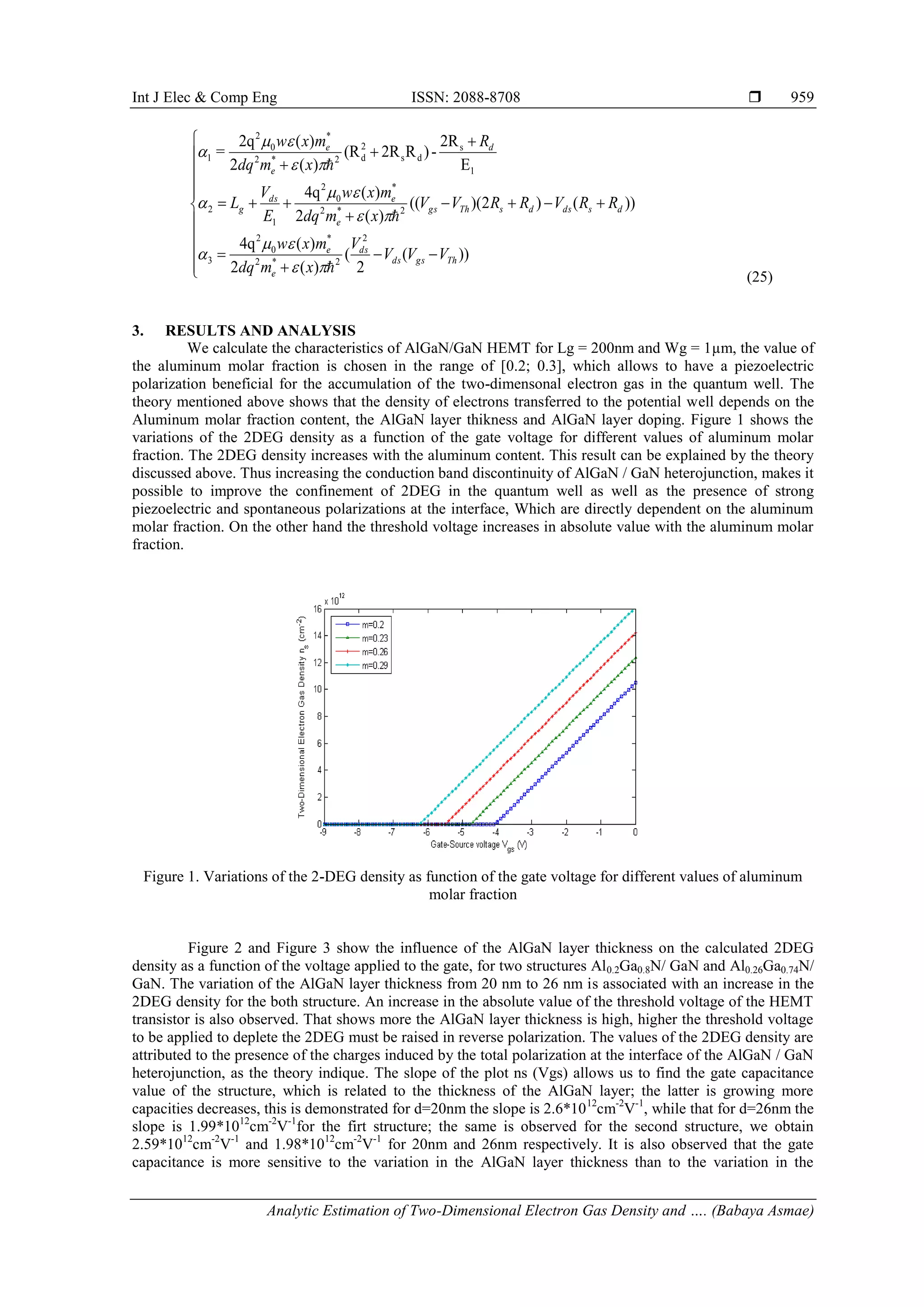 Analytic Estimation Of Two Dimensional Electron Gas Density And Current