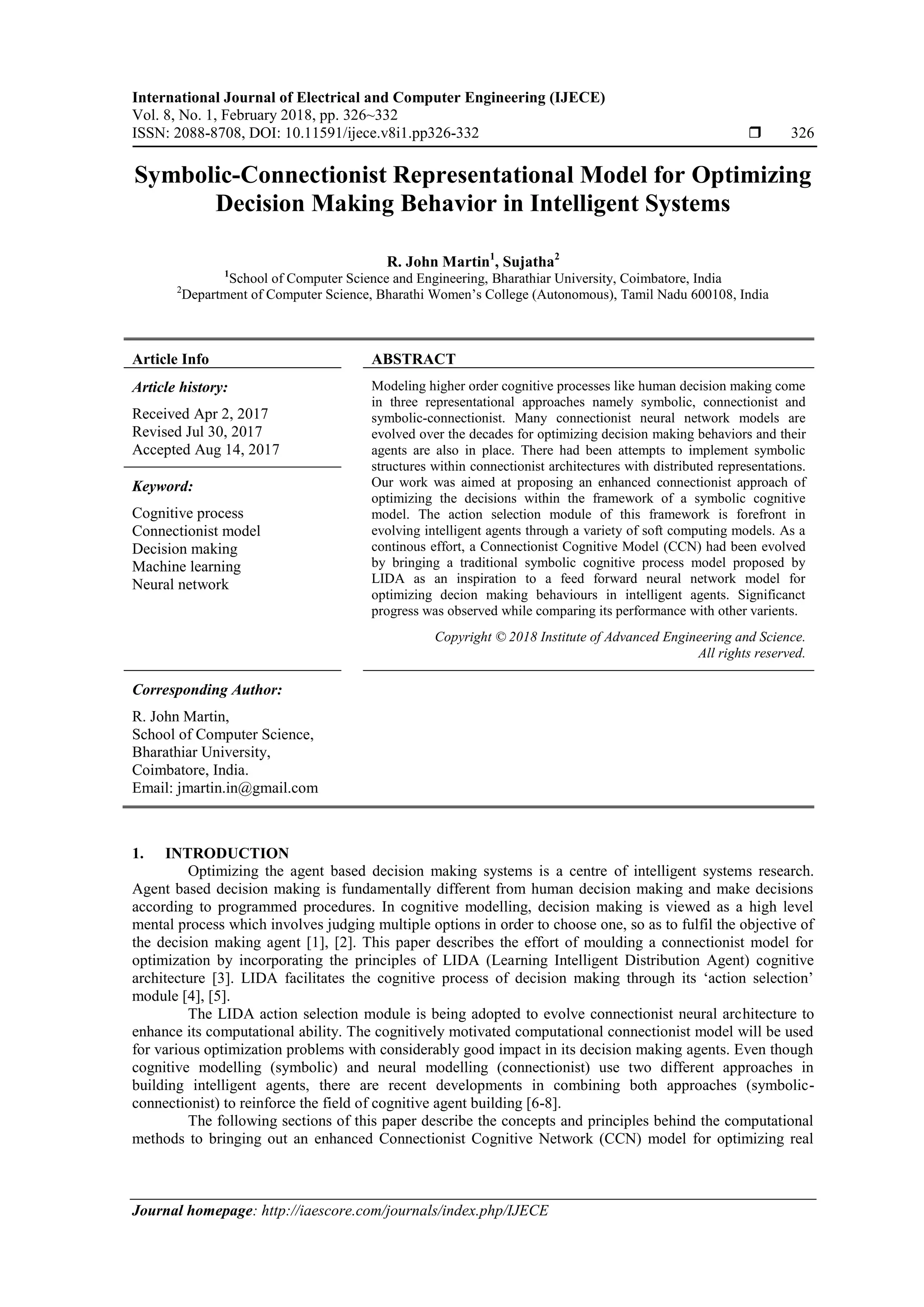 Symbolic Connectionist Representational Model For Optimizing Decision