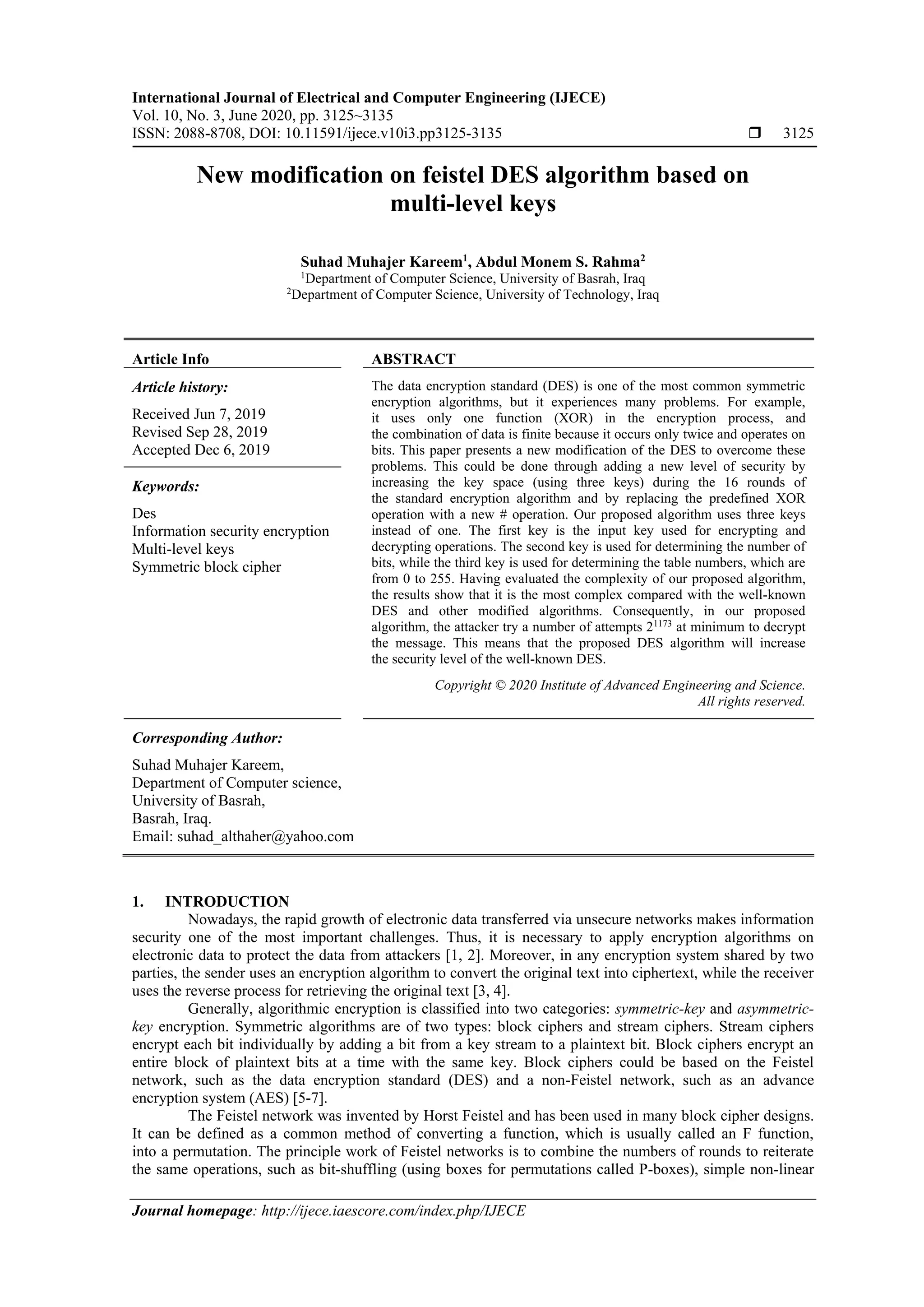 New modification on feistel DES algorithm based on multi-level keys | PDF