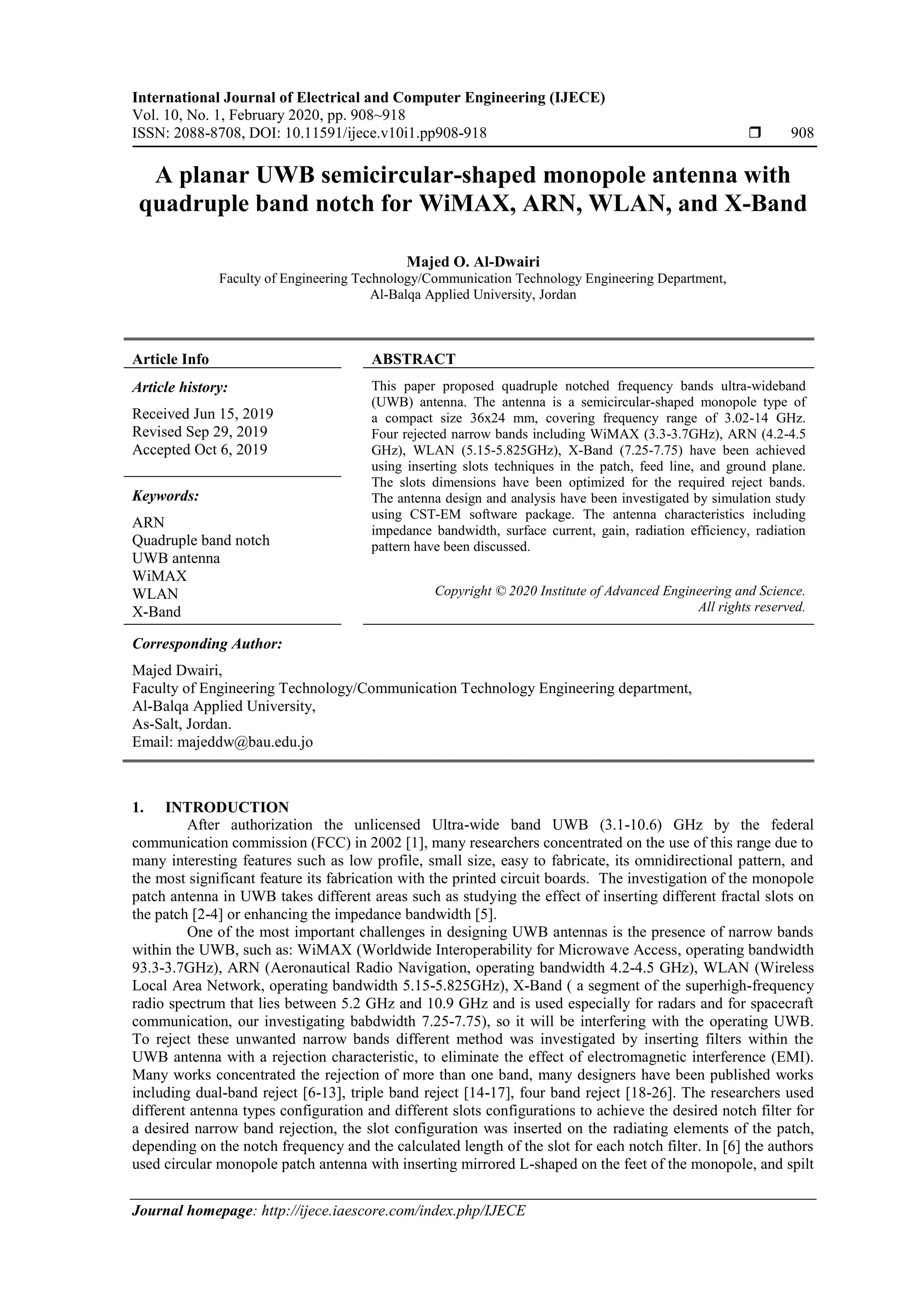 A planar UWB semicircular-shaped monopole antenna with quadruple band ...