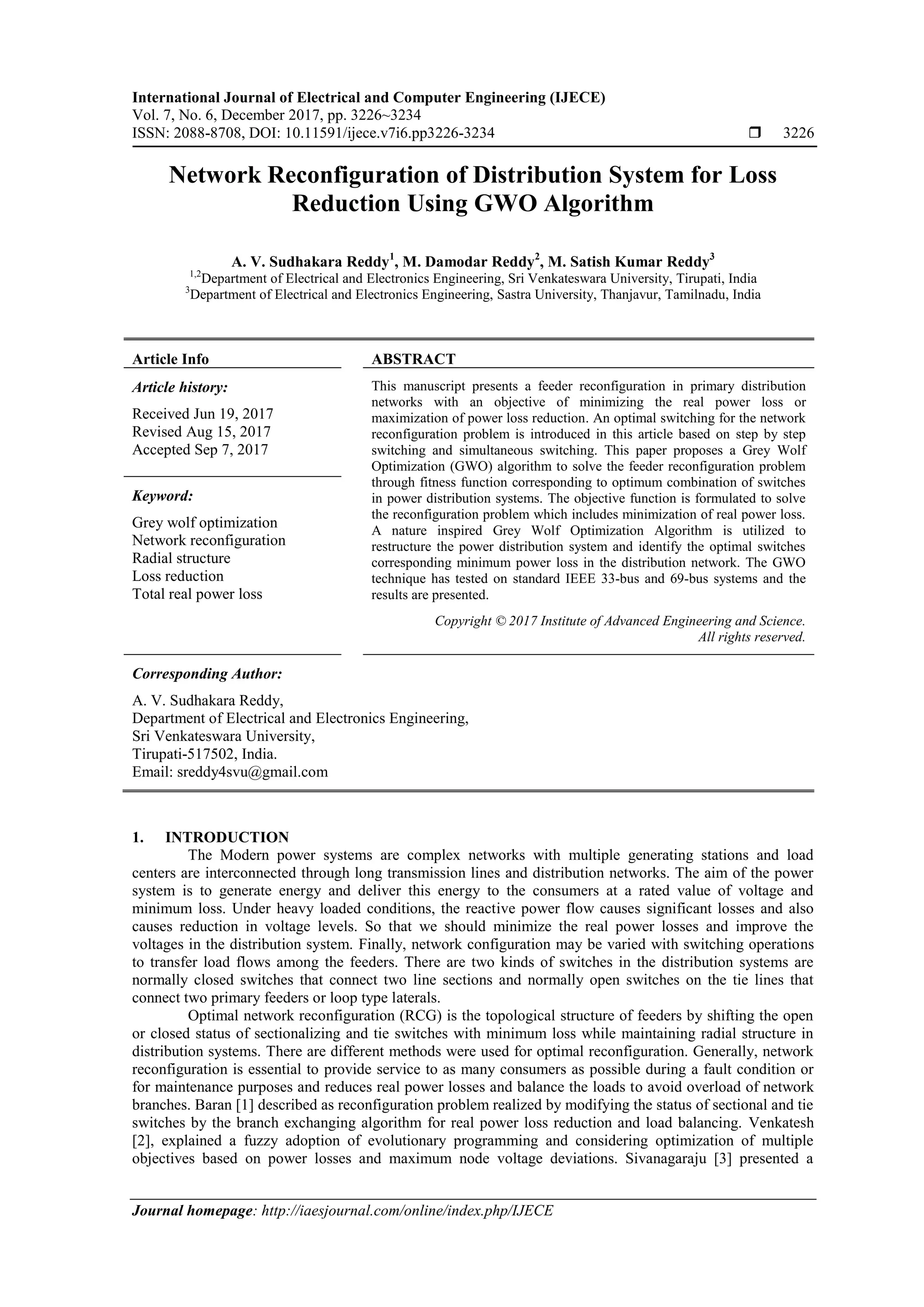 Network Reconfiguration Of Distribution System For Loss Reduction Using Gwo Algorithm Pdf